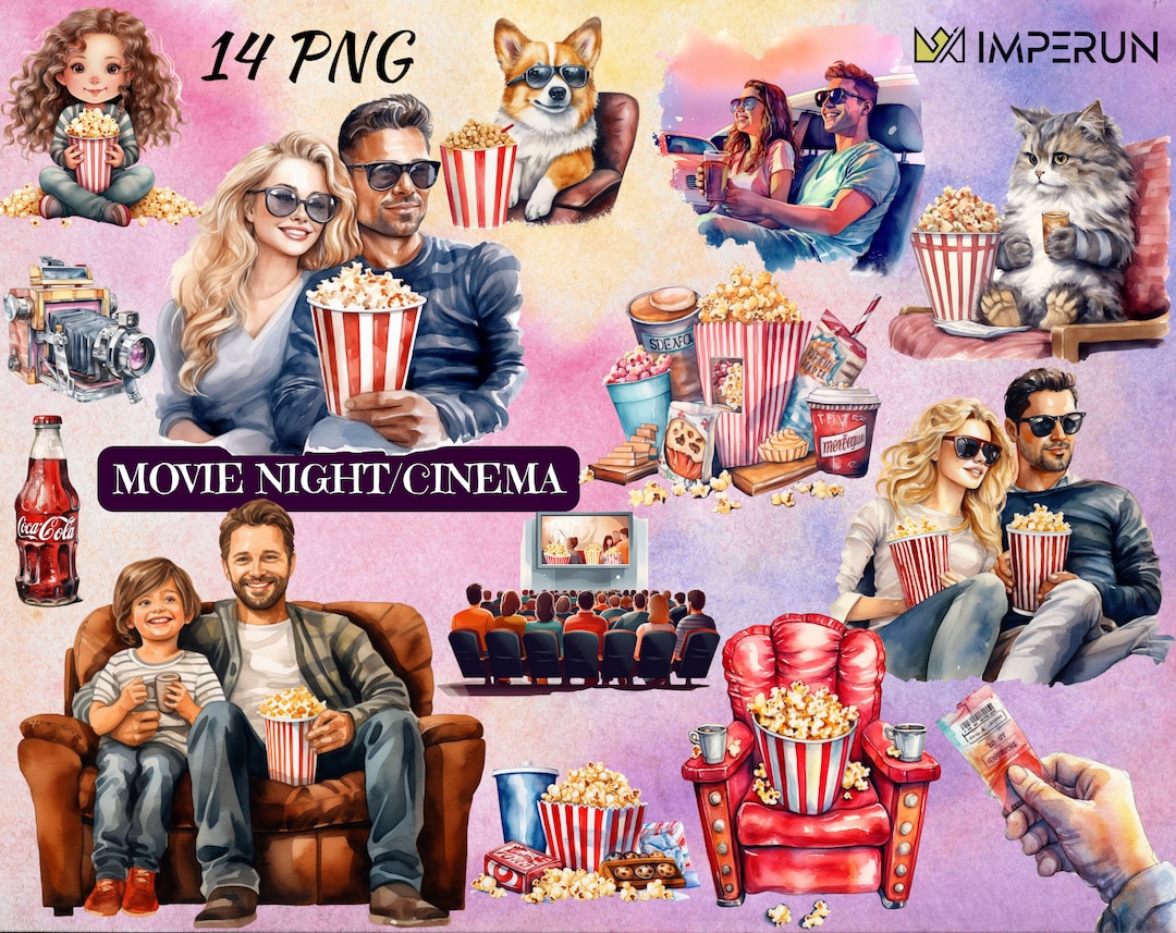 Watercolor Movie Night Clipart Set, Film Night, Cinema, Movie Theme ...