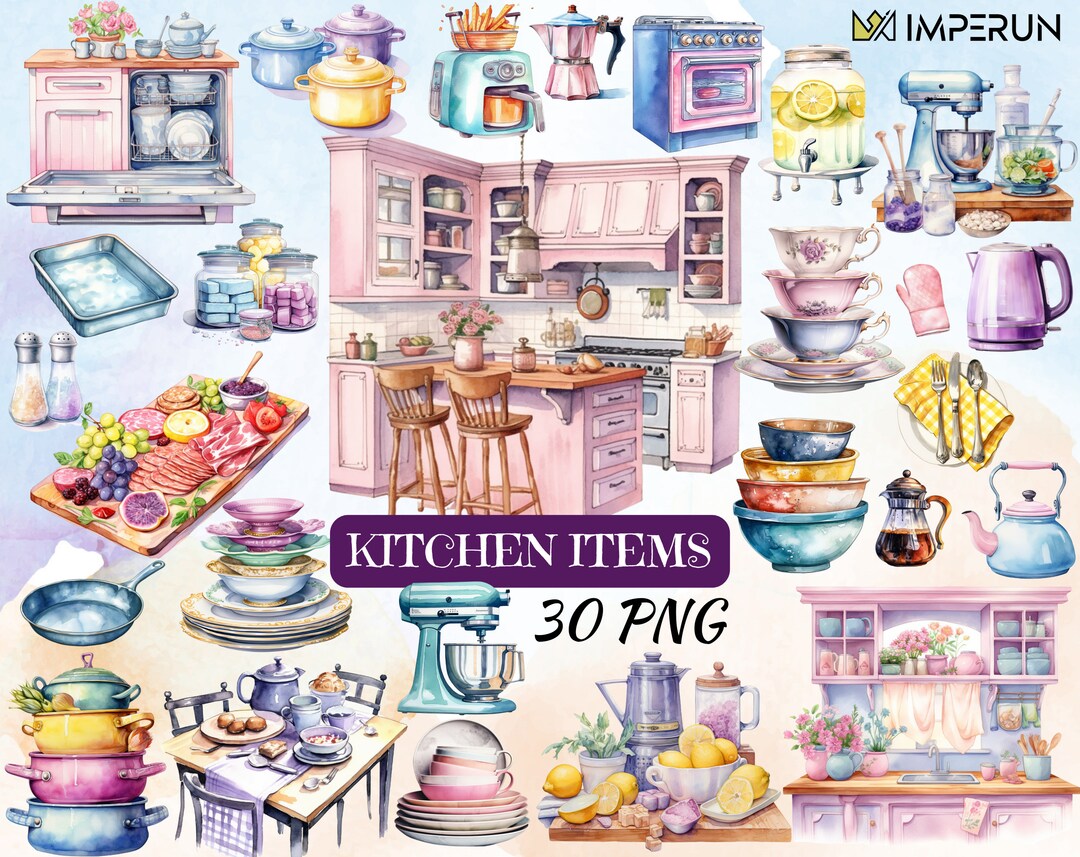 Watercolor Kitchen Clipart Set – Utensils, Cookware & Kitchenware PNG ...