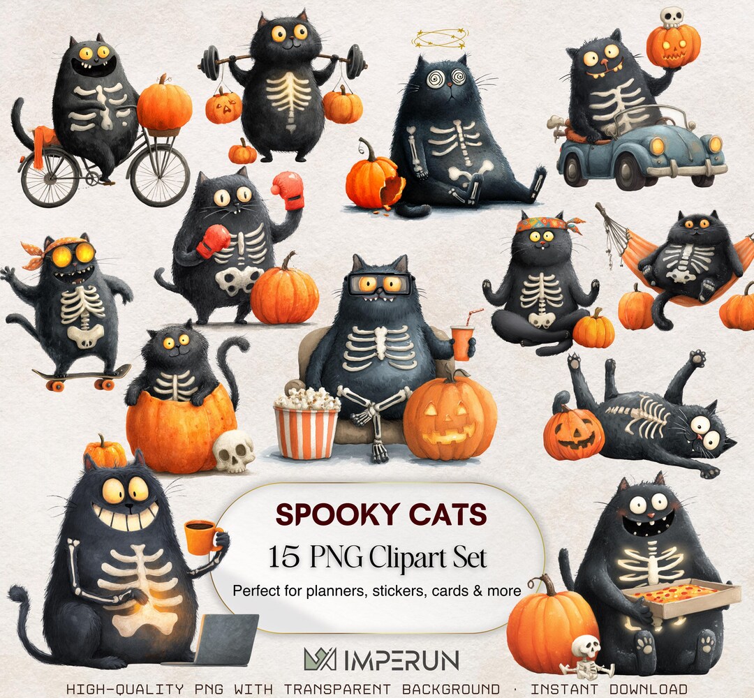 Spooky Cats Clipart Set – 15 PNG Halloween Black Cats With Pumpkins ...
