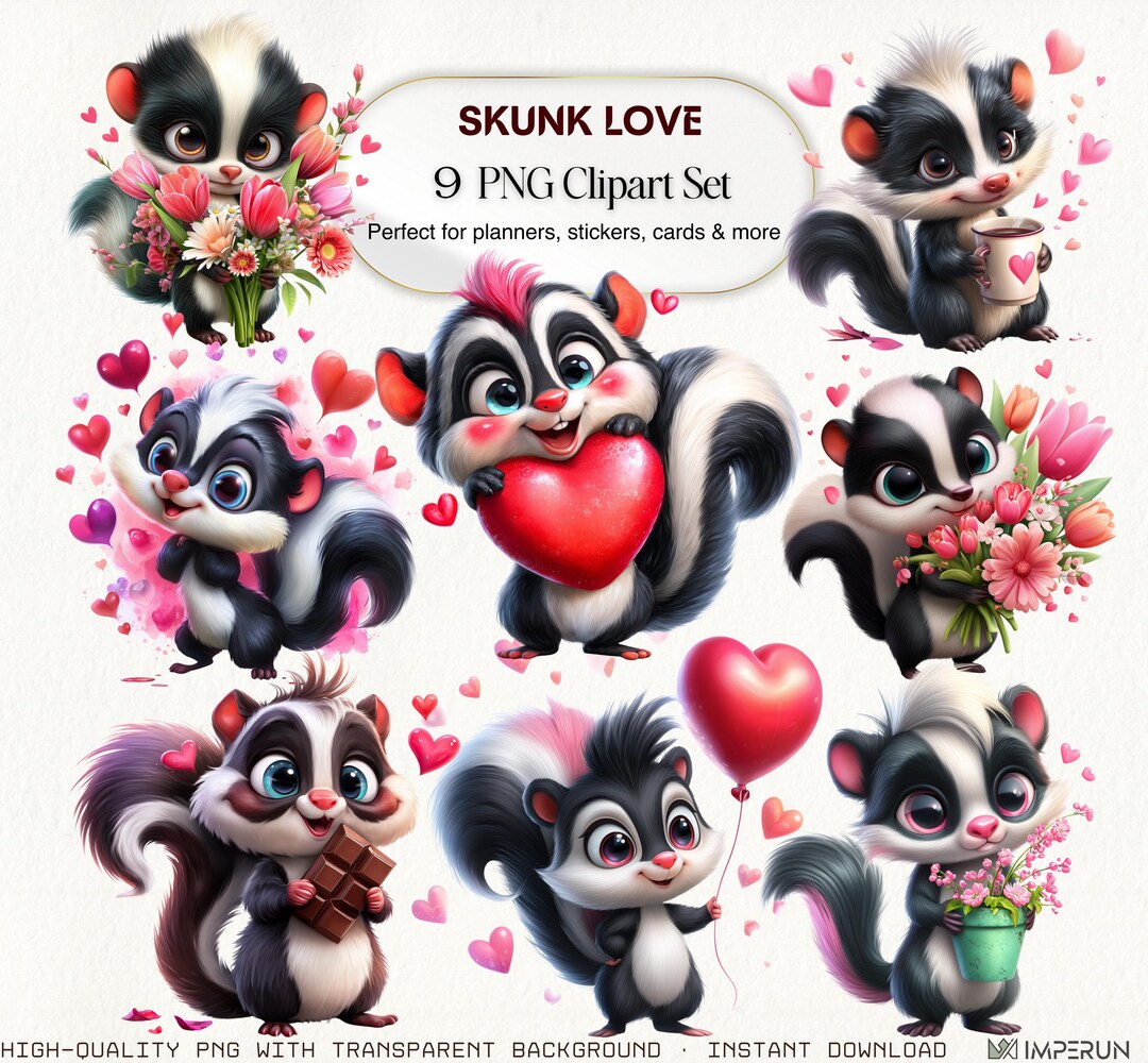 Kawaii Skunk Love Clipart Set, Valentine's Day PNG (digital Download ...