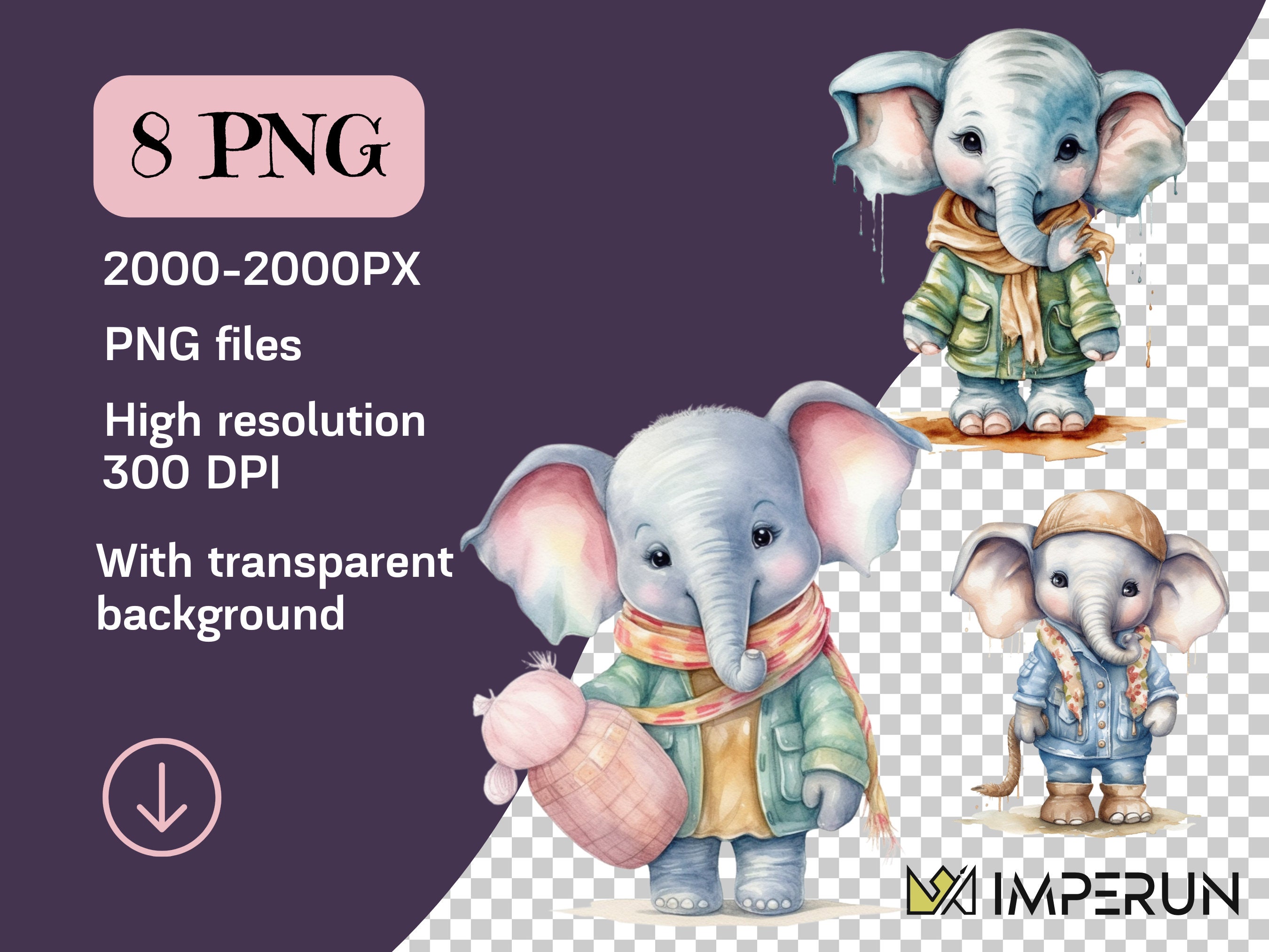 Baby Elephant Clipart Set – 8 Watercolor PNG Illustrations (digital ...
