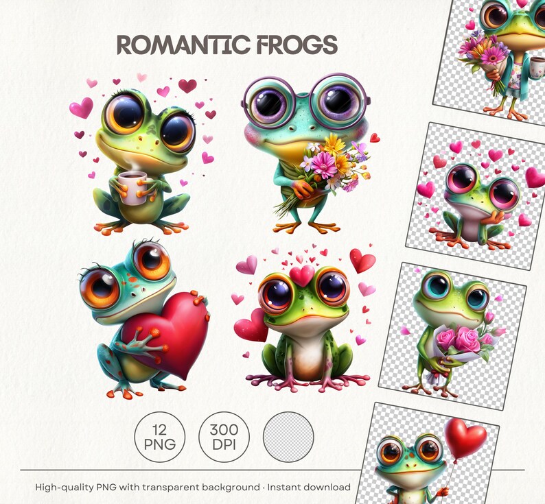 Kawaii Valentine Frog Clipart, Romantic PNG Set (digital Download ...