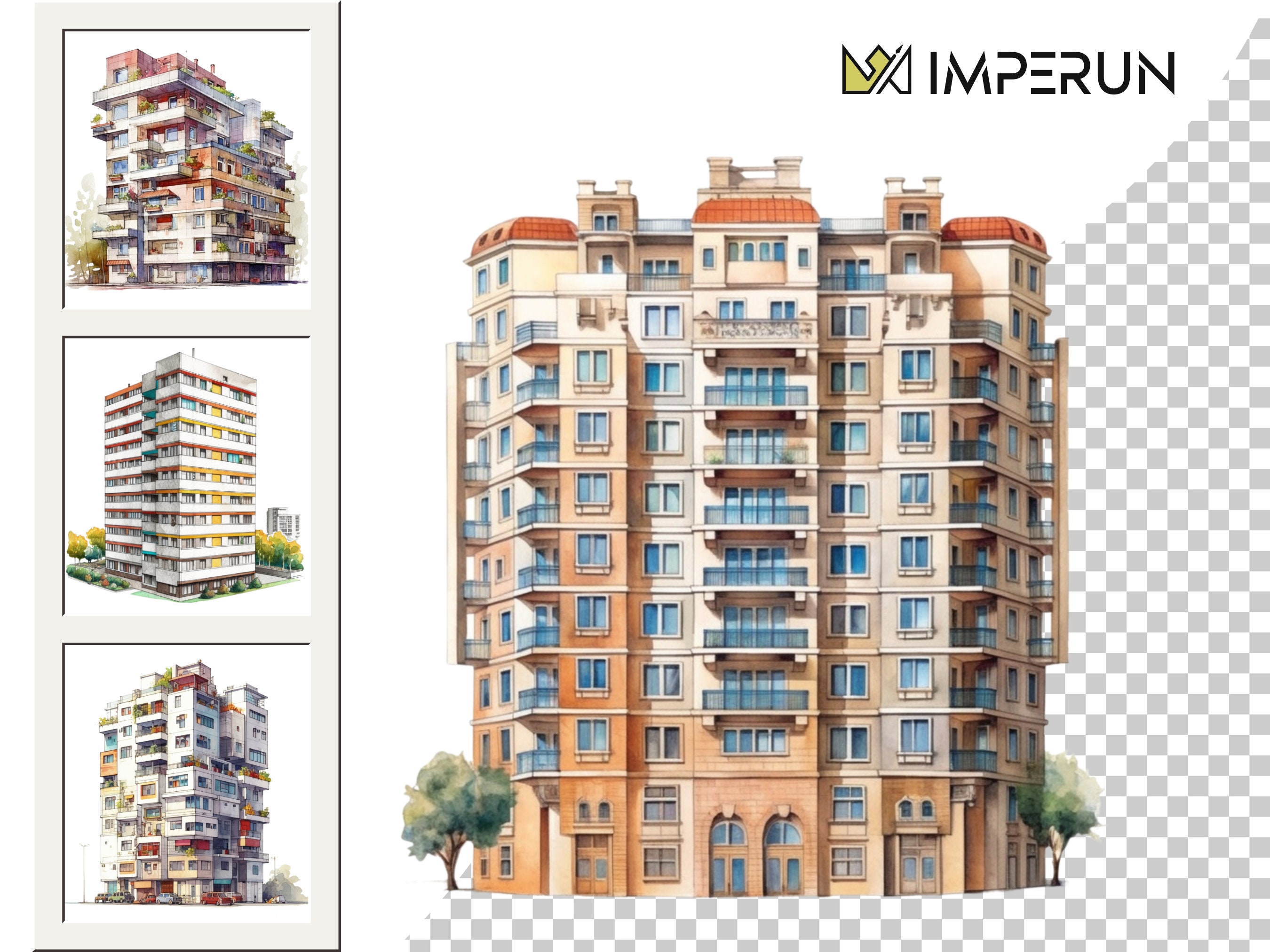 Watercolor Building Blocks of Flats Clipart Set 6 PNG Images - Etsy