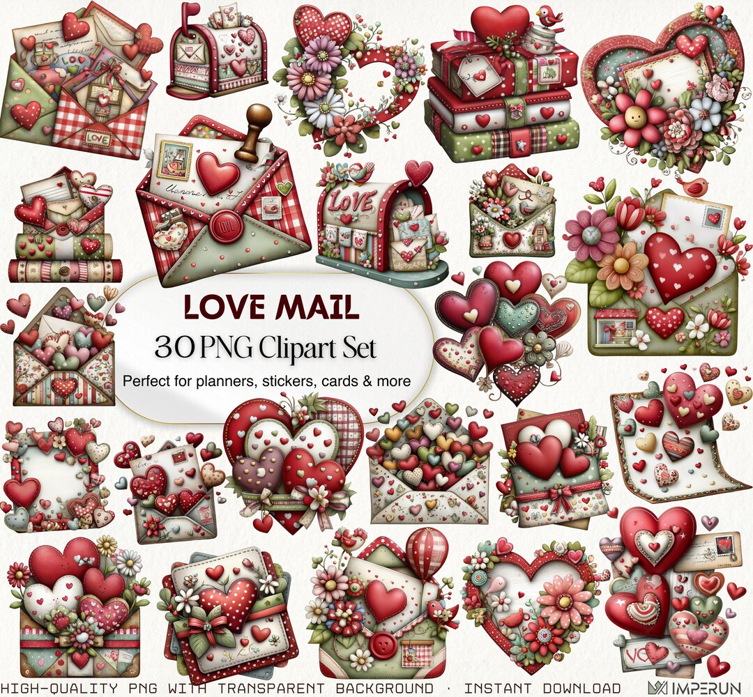 Valentine Love Mail Clipart PNG Set, Heart Envelopes (digital Download ...