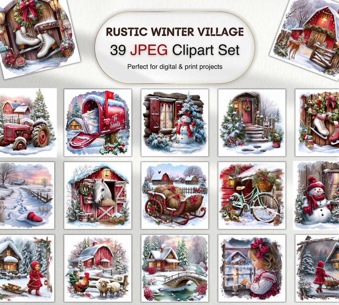 Rustic Winter Village Clipart 39 JPEG, Cozy Christmas Farmhouse ...