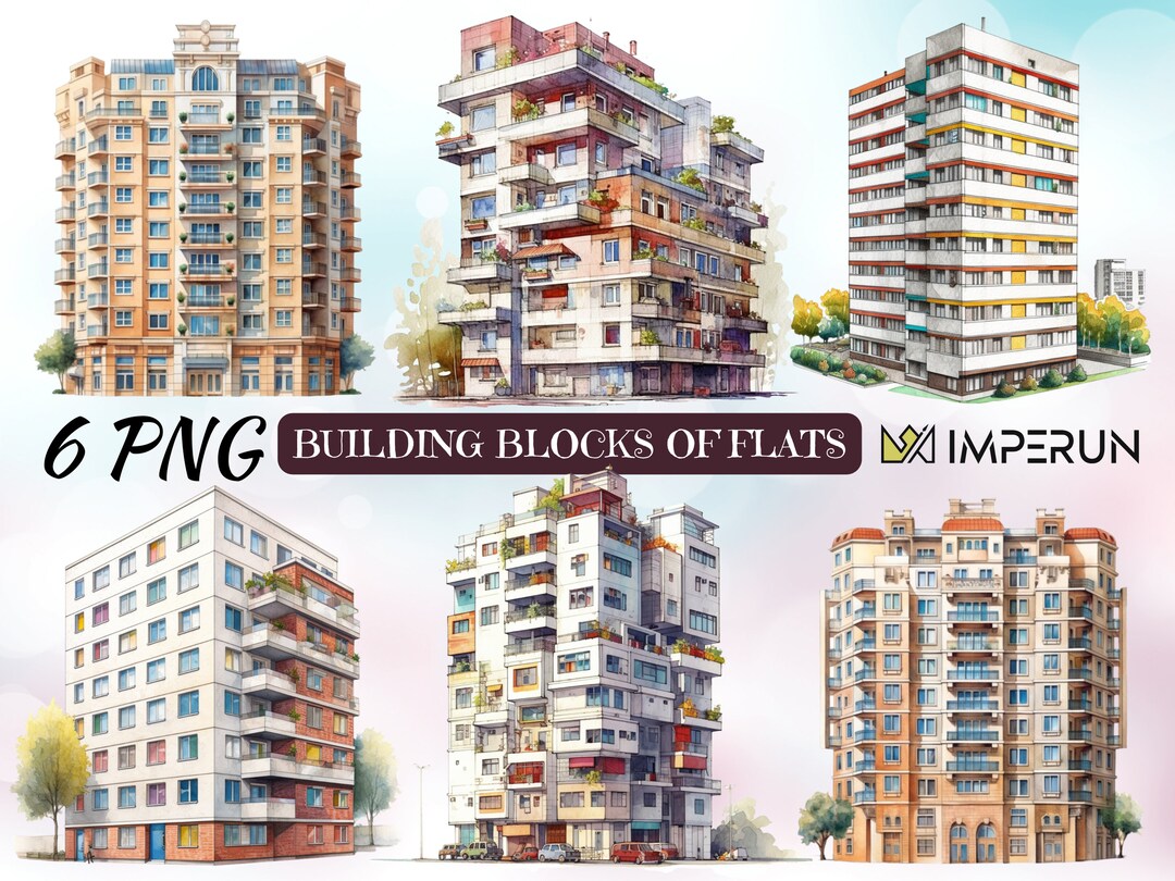 Watercolor Building Blocks of Flats Clipart Set 6, PNG Images ...