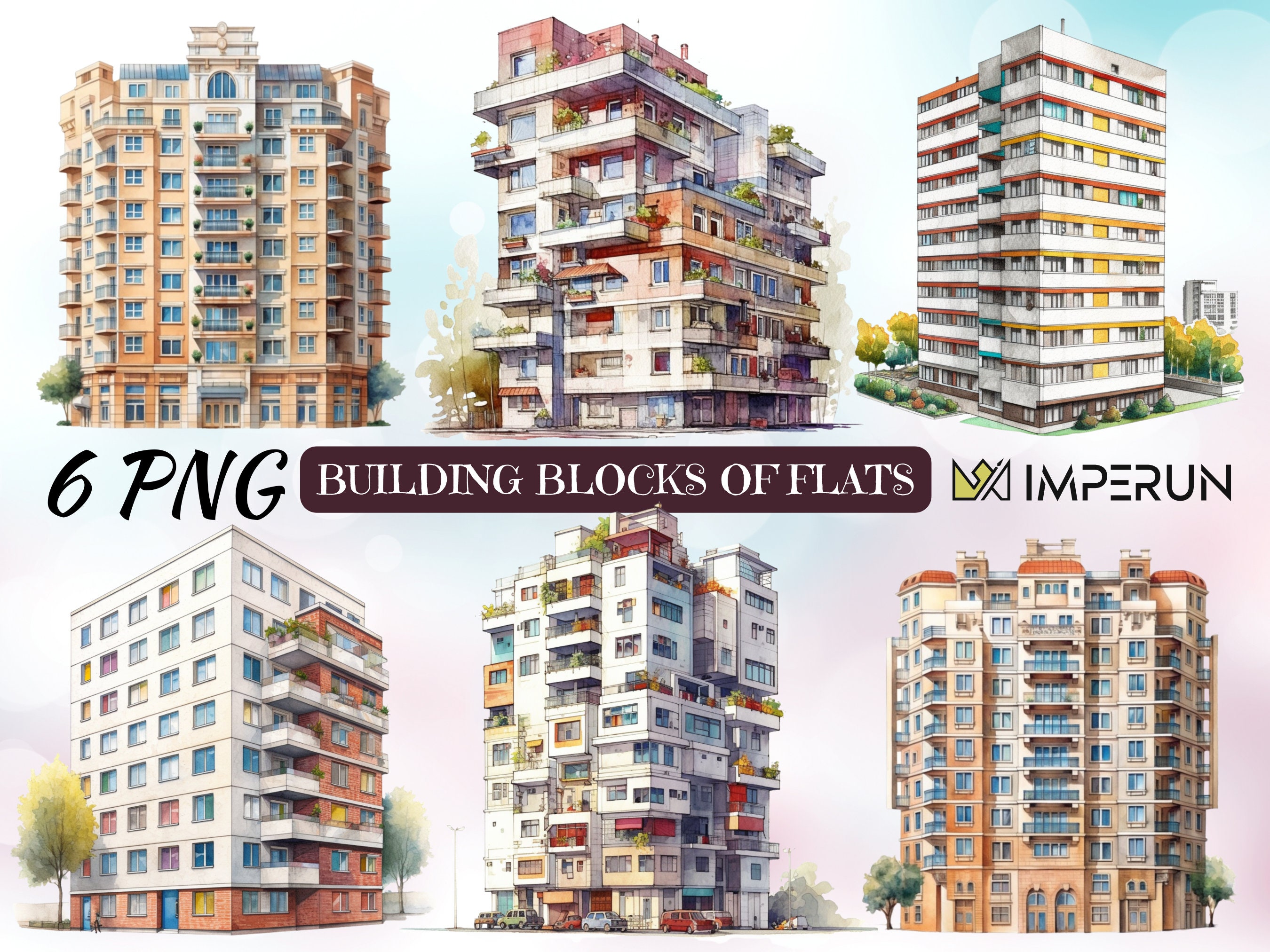 Watercolor Building Blocks of Flats Clipart Set 6 PNG Images - Etsy