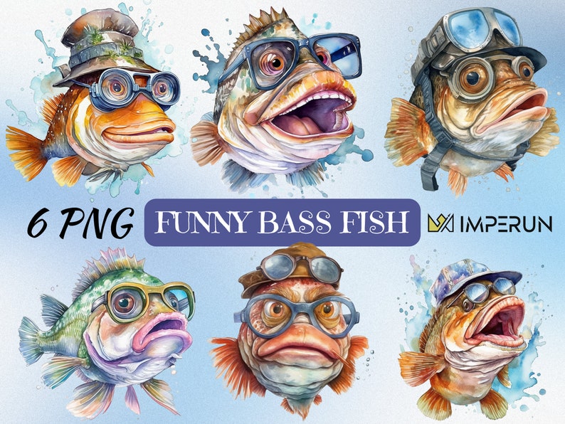 Bass Fish, Funny Fish Clipart, Watercolour Perch PNG, Fishing, Digital ...