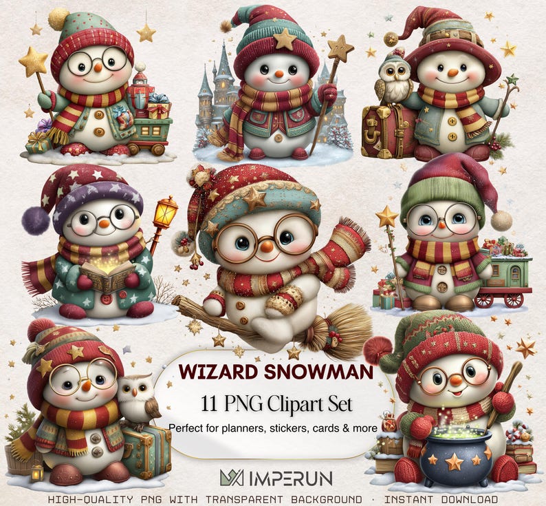 Wizard Snowman Clipart Set, Holiday Winter 11 PNG Bundle, Magical ...