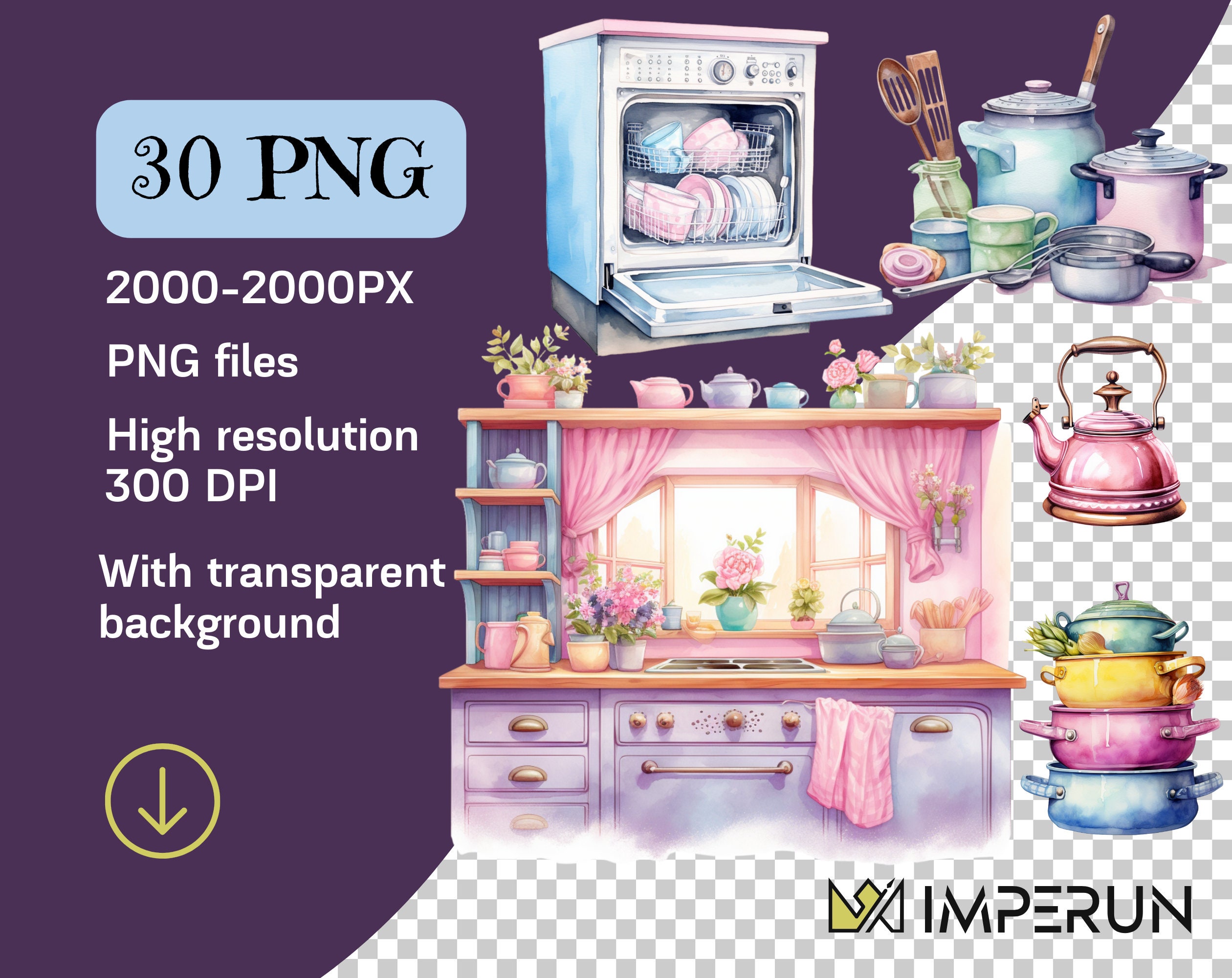 Watercolor Kitchen Clipart Set – Utensils, Cookware & Kitchenware PNG ...