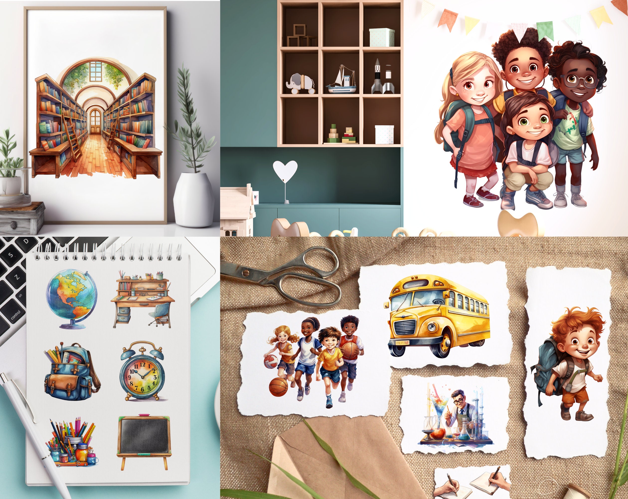 Clipart de regreso a clases en acuarela: Escolares y maestros (Arte ...