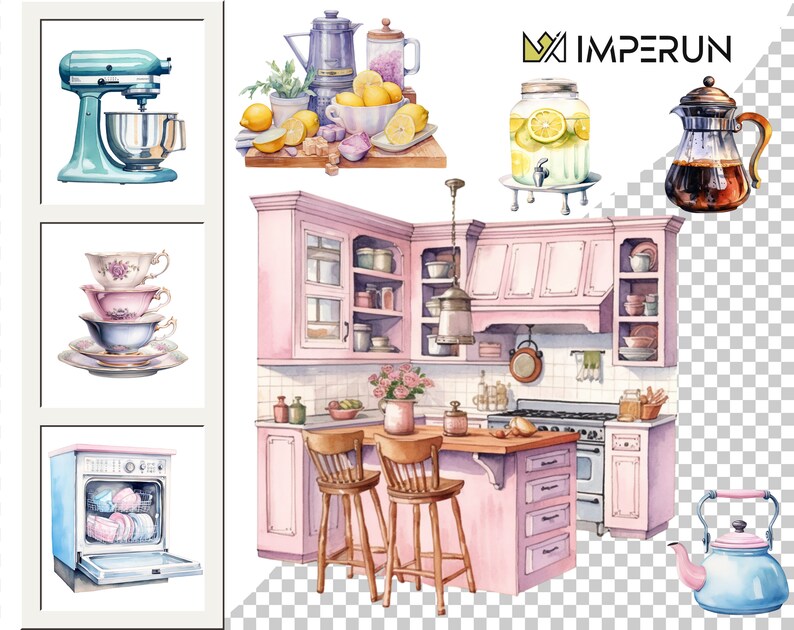 Watercolor Kitchen Clipart Set – Utensils, Cookware & Kitchenware PNG ...