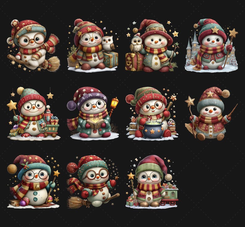 Wizard Snowman Clipart Set, Holiday Winter 11 PNG Bundle, Magical ...