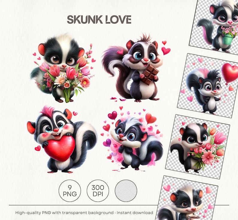 Kawaii Skunk Love Clipart Set, Valentine's Day PNG (digital Download ...