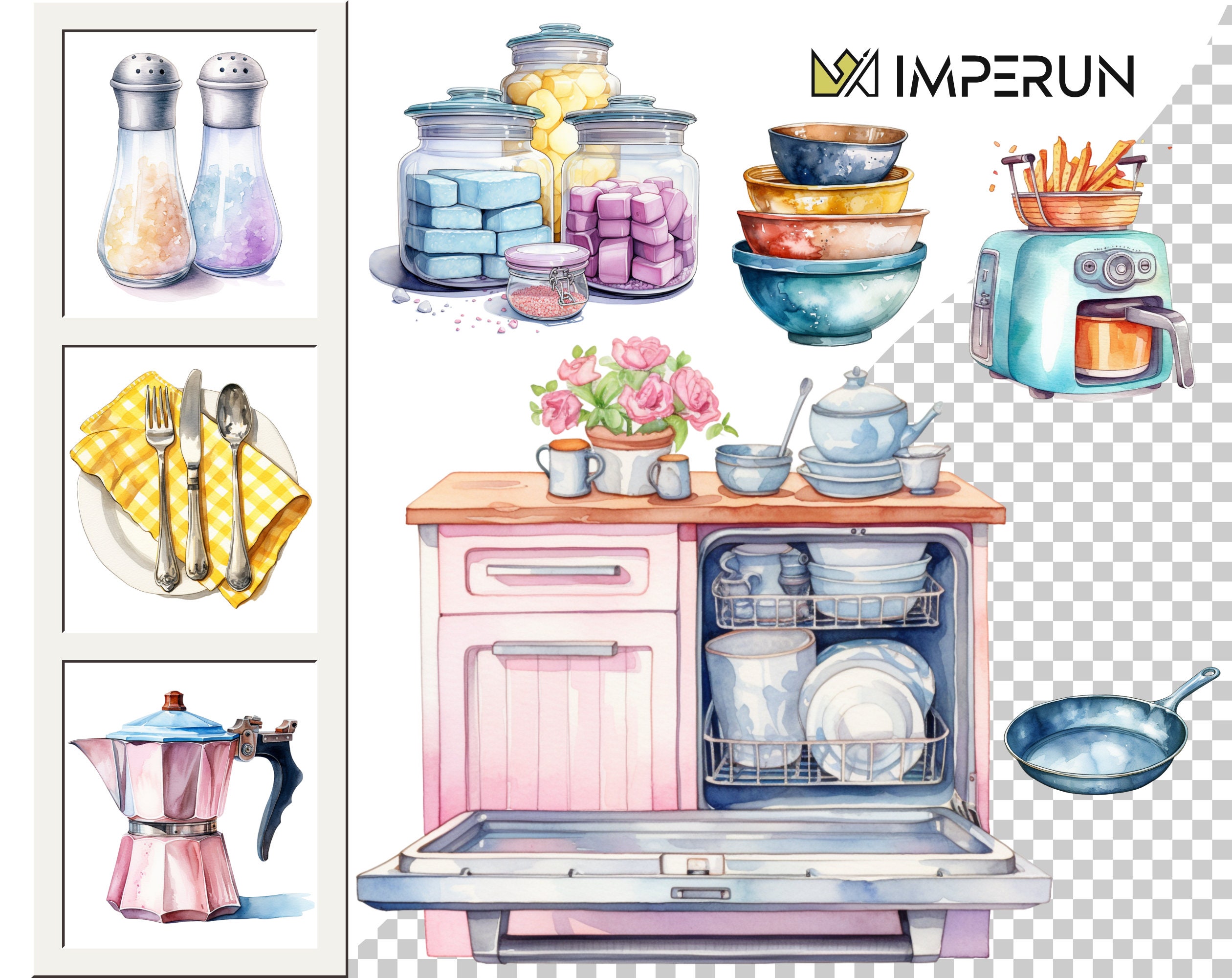 Watercolor Kitchen Clipart Set – Utensils, Cookware & Kitchenware PNG ...