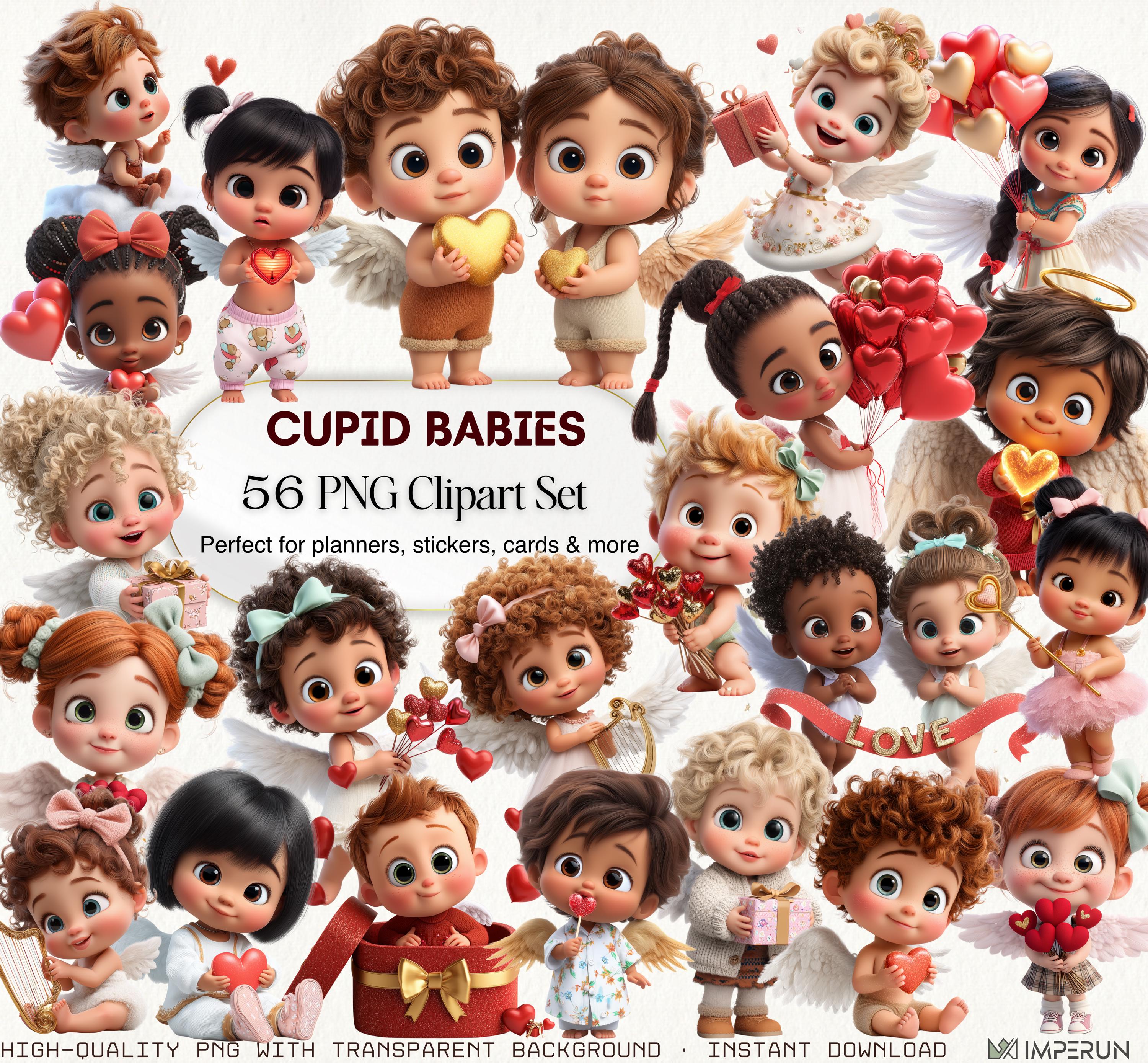 Diverse Valentine Kids Clip Art, 56 PNG International Cupid Babies ...
