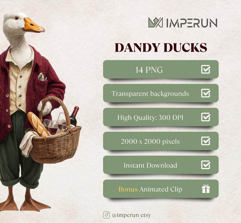 Vintage Dandy Ducks Clipart – 14 PNG Anthropomorphic Illustrations ...