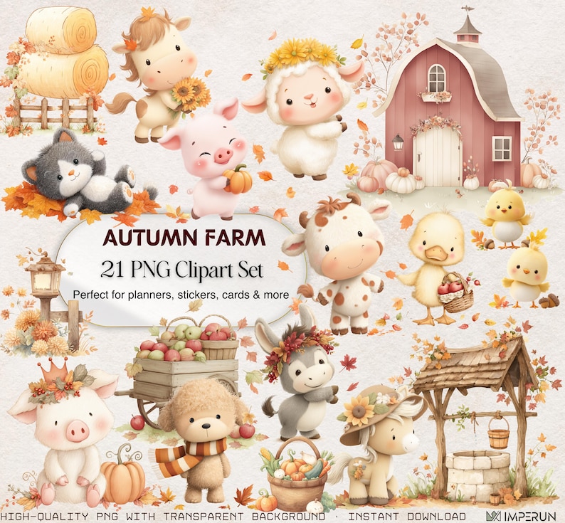 Autumn Farm Animals Clipart Set: Barnyard Harvest Graphics (21 PNG ...