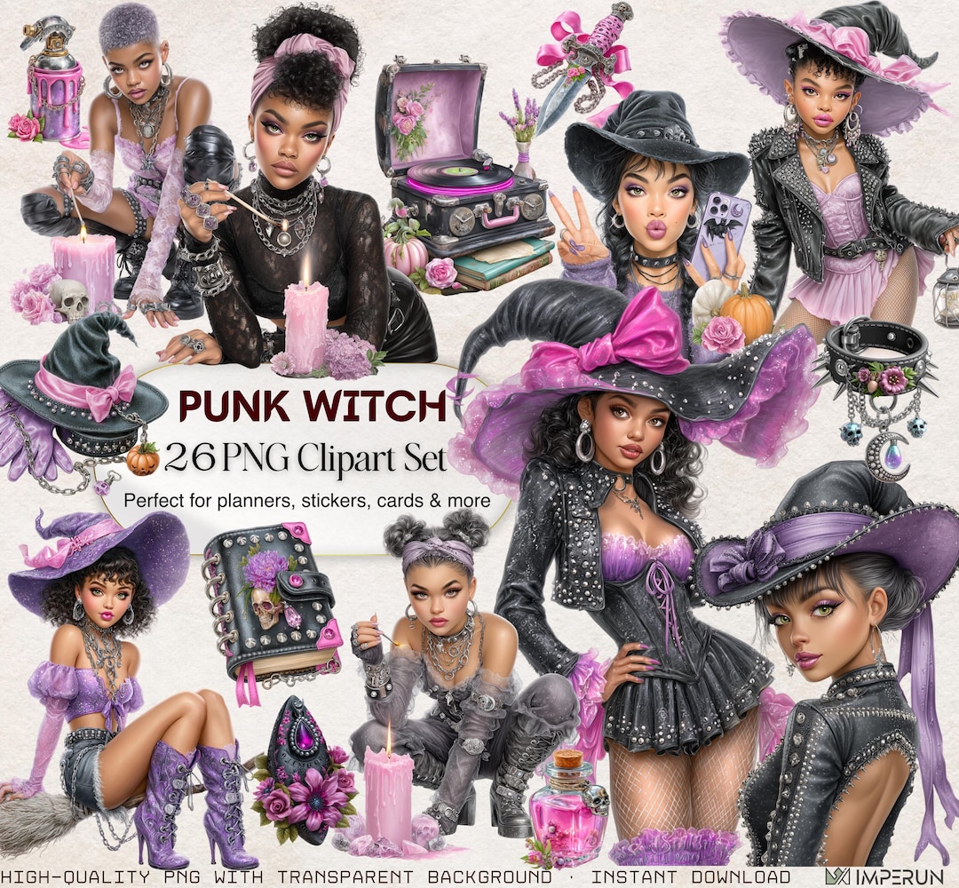 Punk Witch Clipart Set: Gothic Halloween PNG Illustrations (digital ...