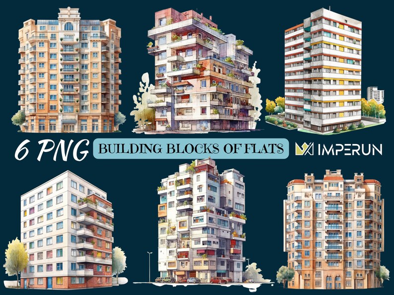 Watercolor Building Blocks of Flats Clipart Set 6 PNG Images - Etsy