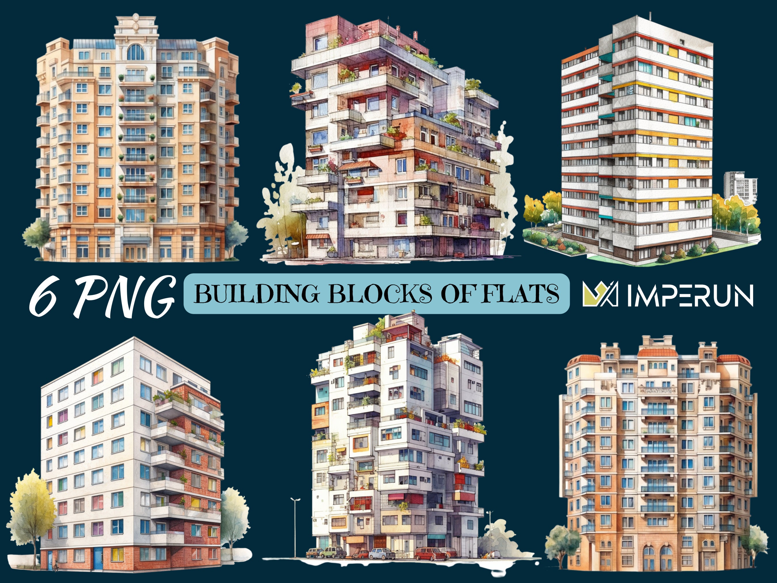 Watercolor Building Blocks of Flats Clipart Set 6 PNG Images - Etsy