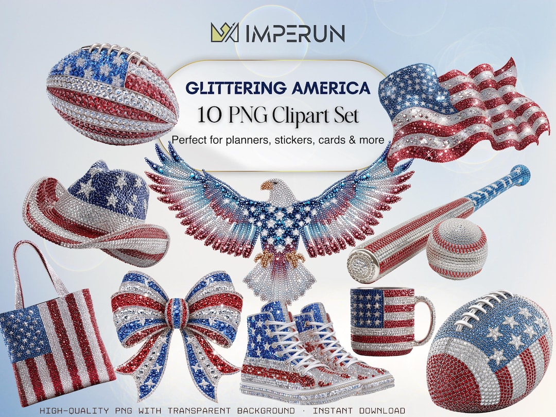Glittering America Clipart Set | 10 PNG Patriotic Illustrations With ...