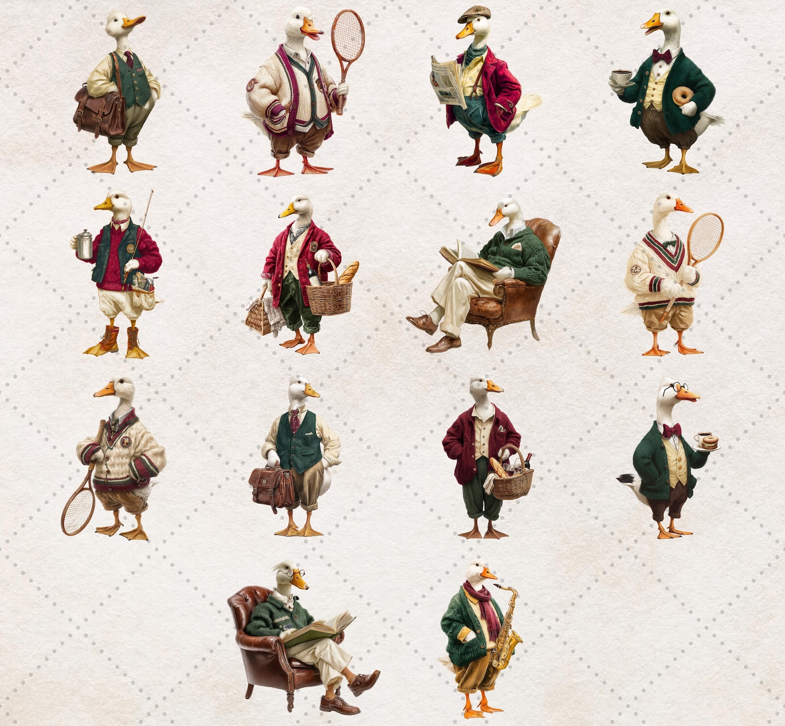 Vintage Dandy Ducks Clipart – 14 PNG Anthropomorphic Illustrations ...