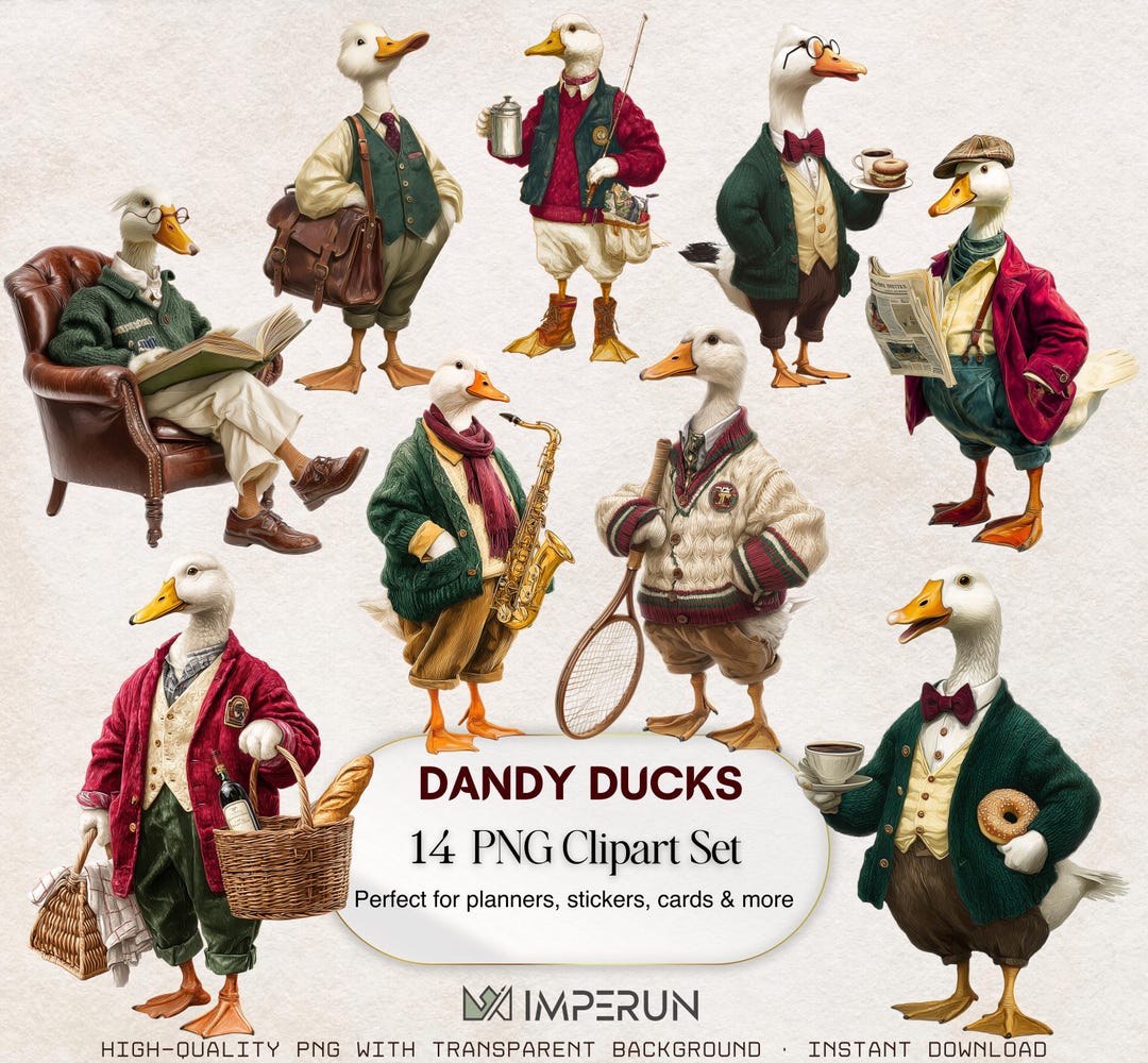 Dandy Ducks Clipart Set – 14 PNG Vintage Anthropomorphic Ducks, Funny ...