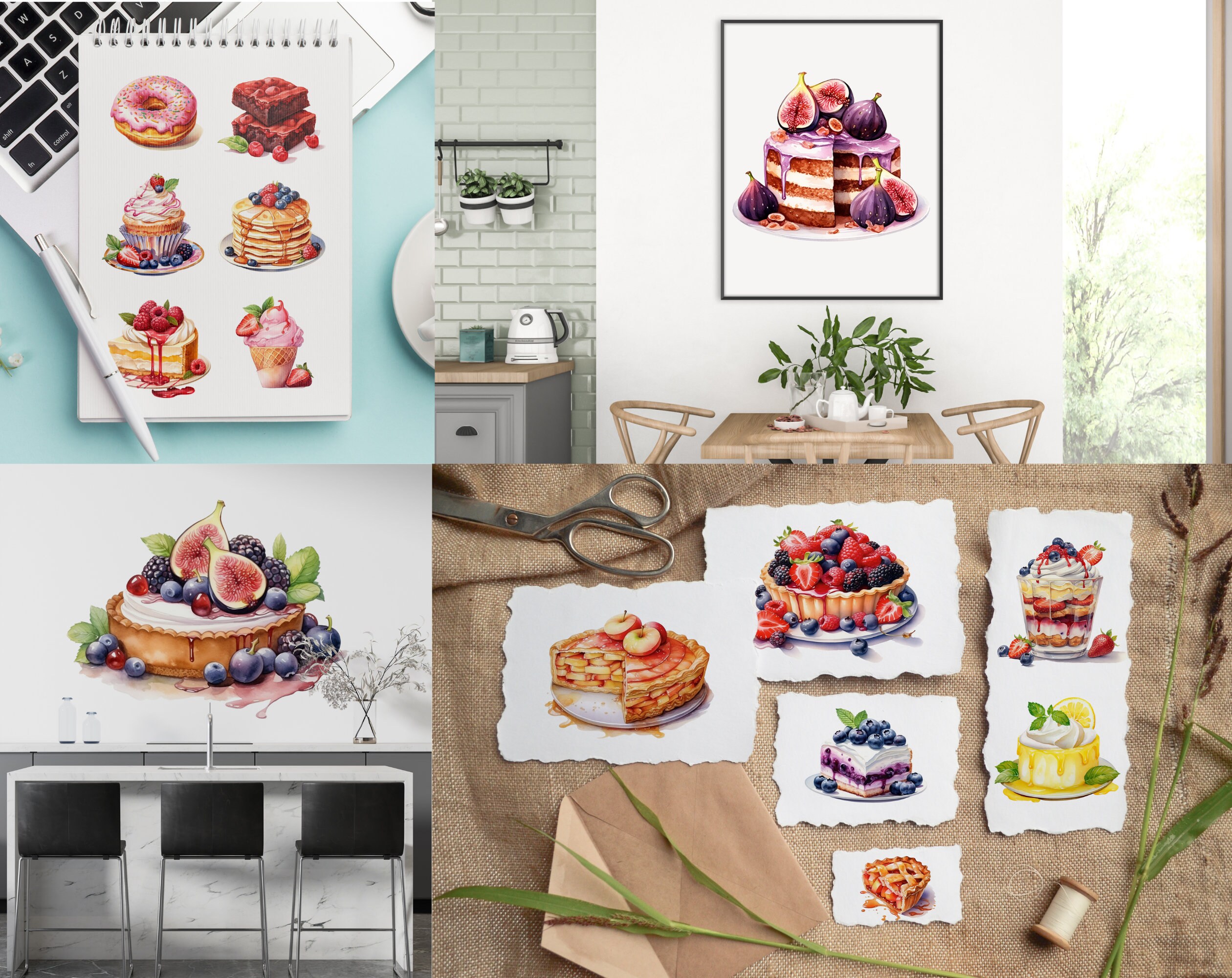 Sweet Dessert, Watercolor Clipart Bundle, PNG Illustrations, Sweet ...