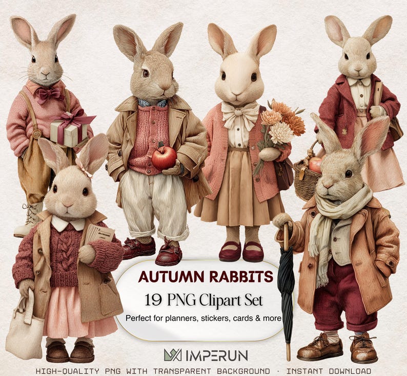 Autumn Rabbits Clipart Set: Cozy Fall Animals, Transparent PNG ...
