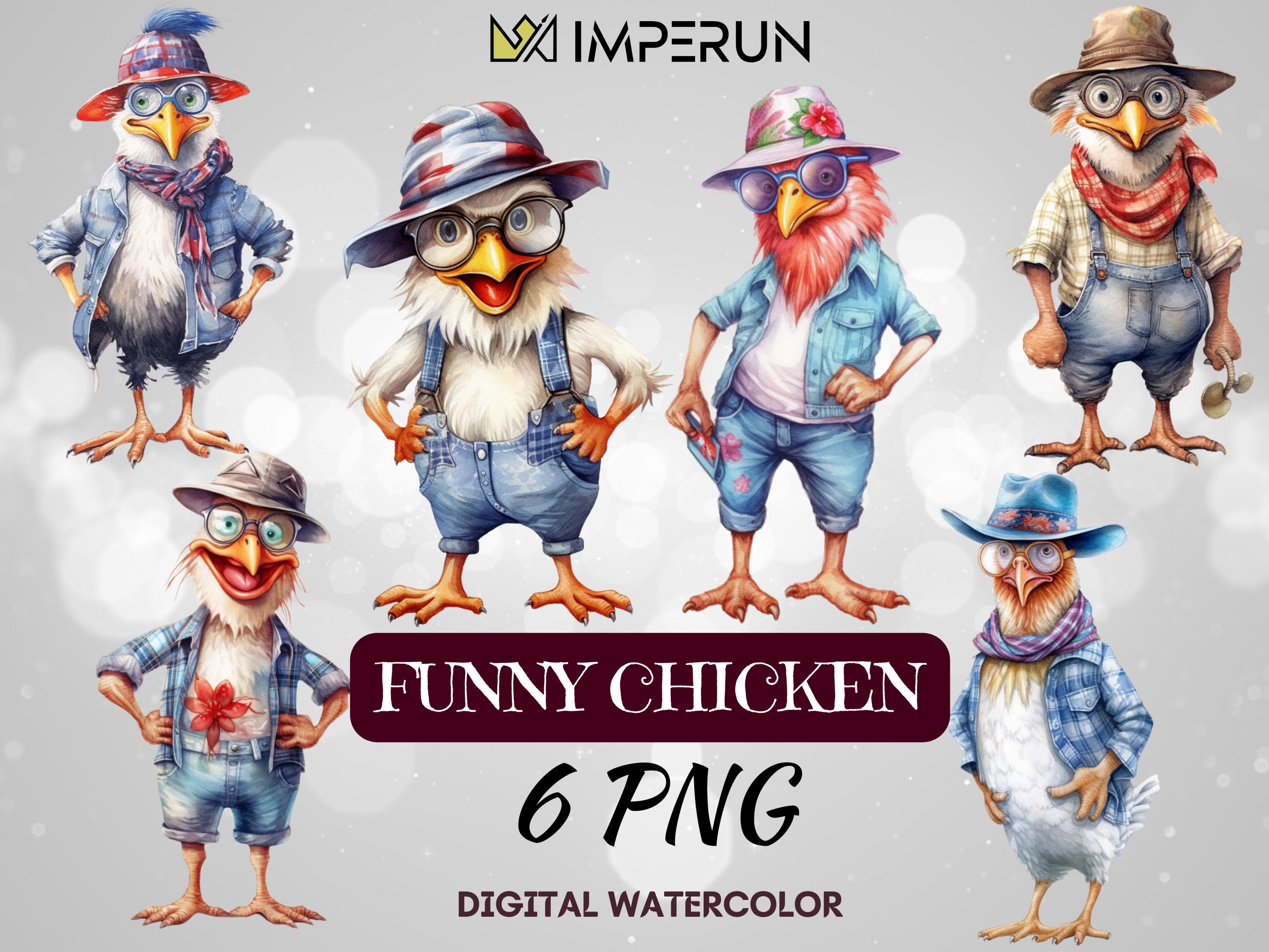 Funky and Fearless Chicken Watercolor Clipart Set 6 PNG Illustrations ...