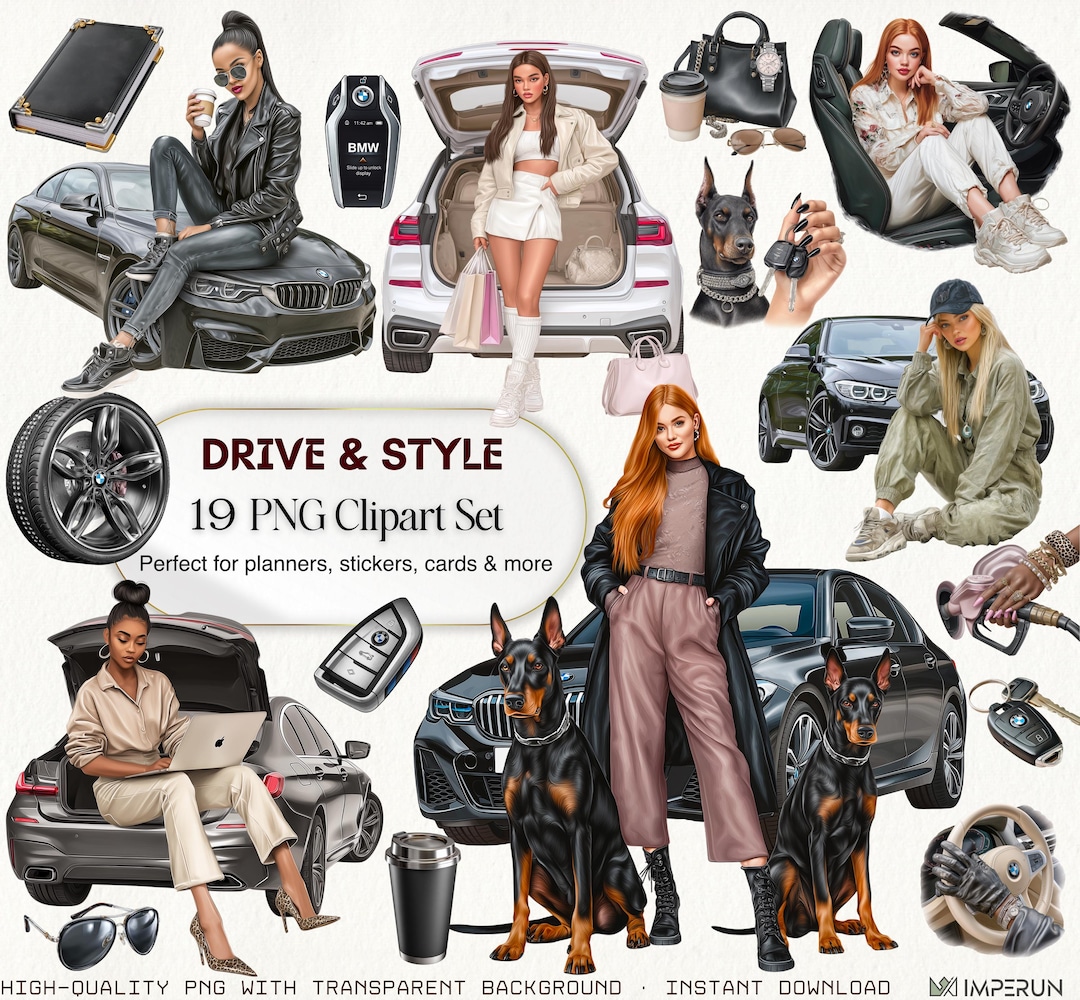 Luxury Car Clipart Set: Fashion Women, Dobermans, Accessories (19 PNG ...