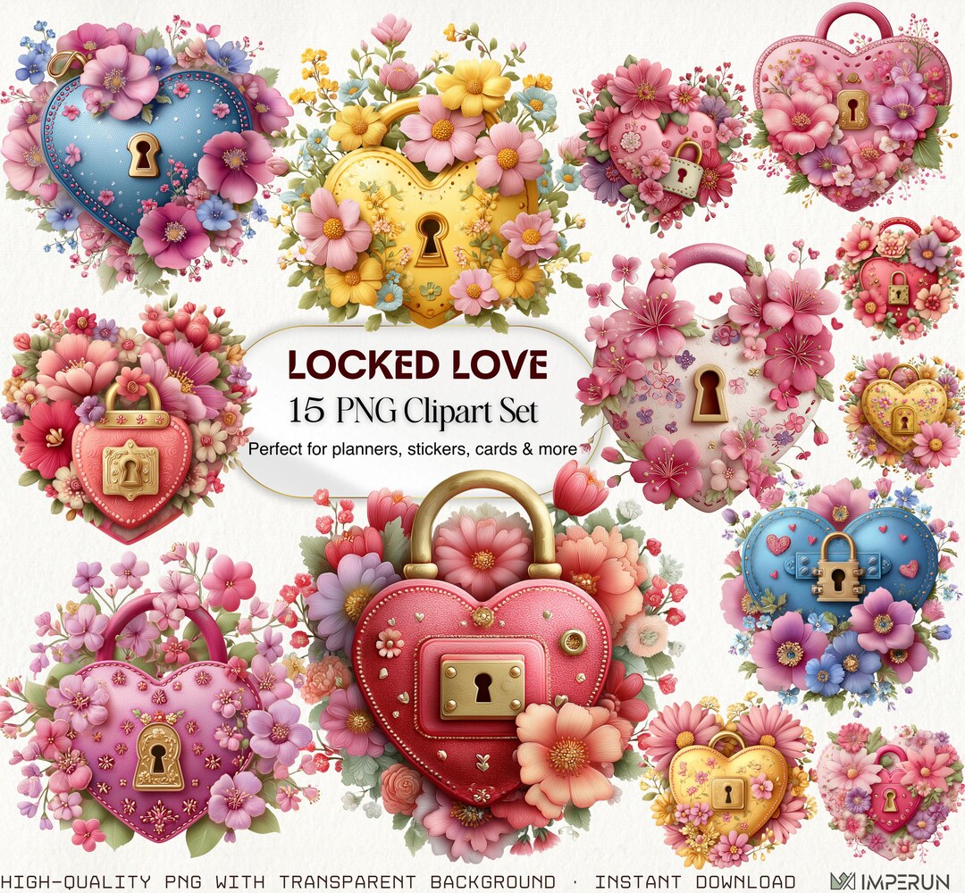 Floral Heart Lock Clipart 15 PNG, Valentines Day Love, Romantic Padlock ...