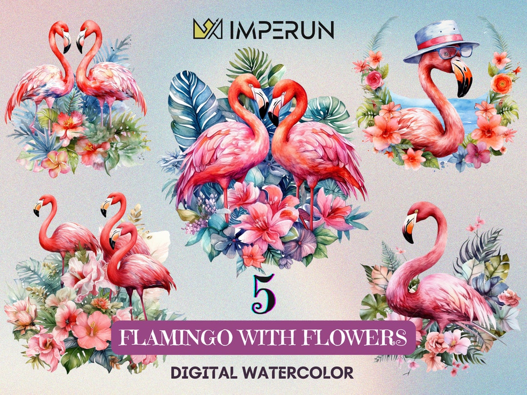 Watercolor Pink Flamingo With Flowers, Flamingo Clipart, Flowers ...