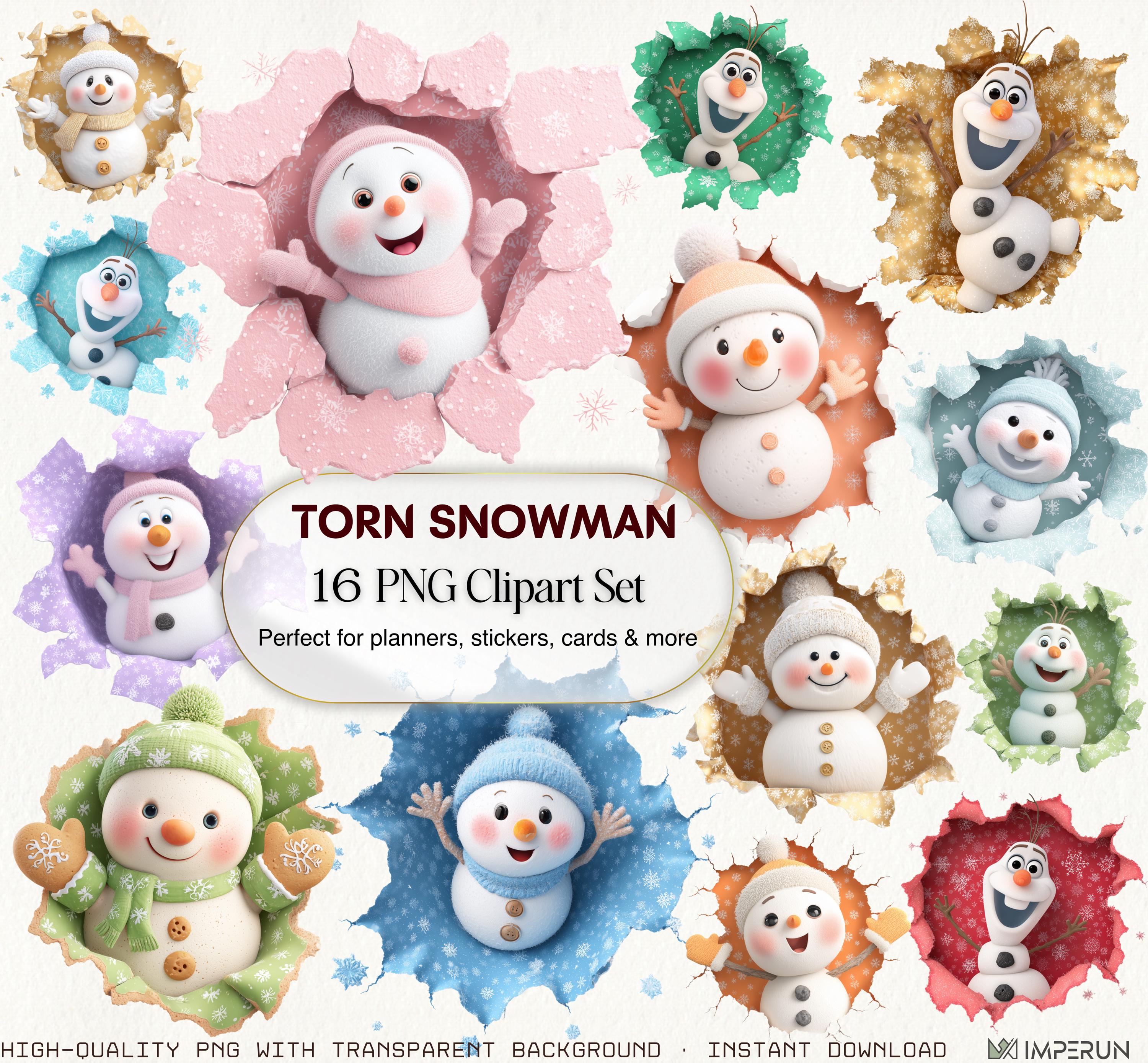 Snowman Clipart Set: Torn Paper Effect Christmas 16 PNG (digital ...