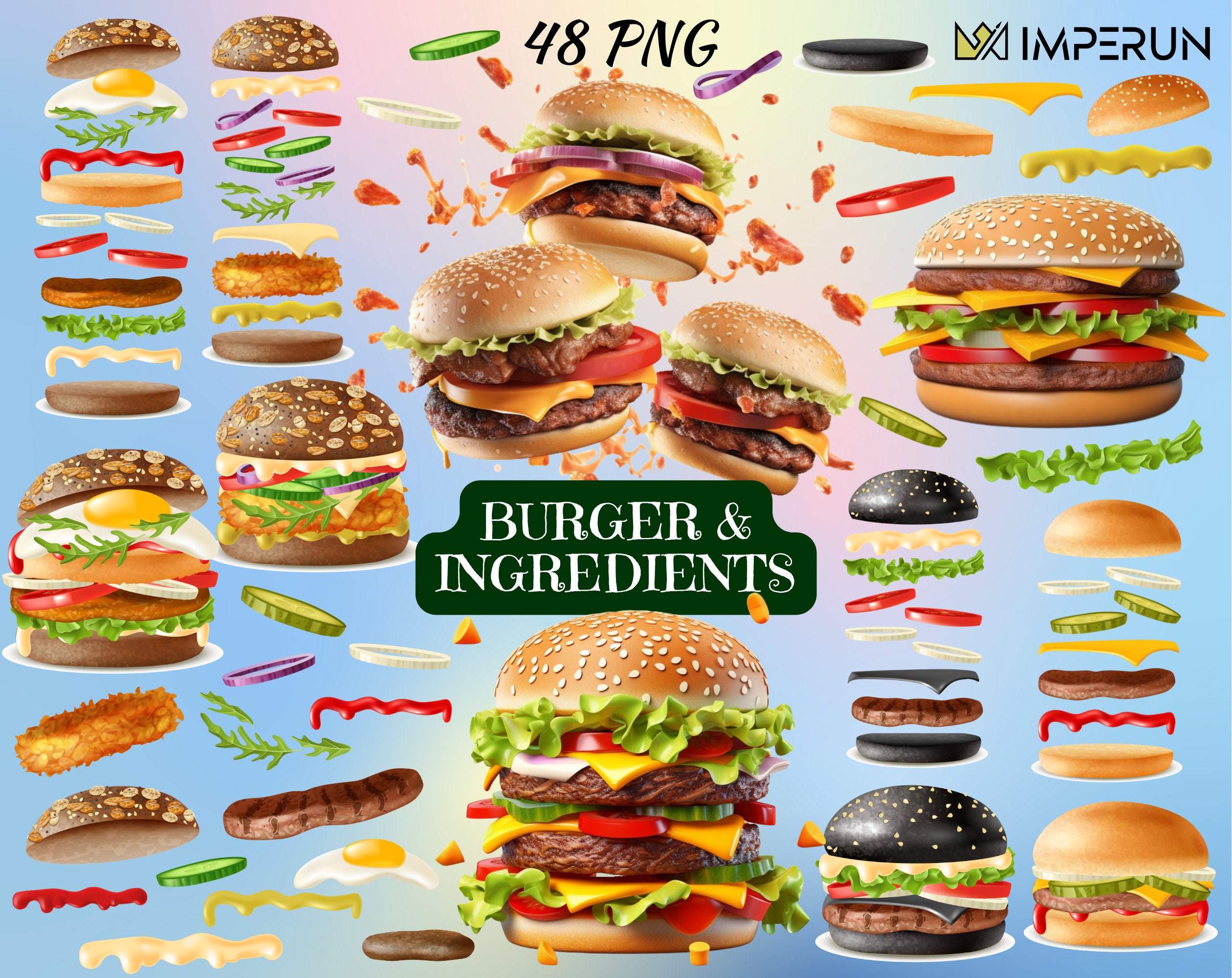 Burger and Ingredient Clipart, 3D Style, Delicious Hamburger, Realistic ...