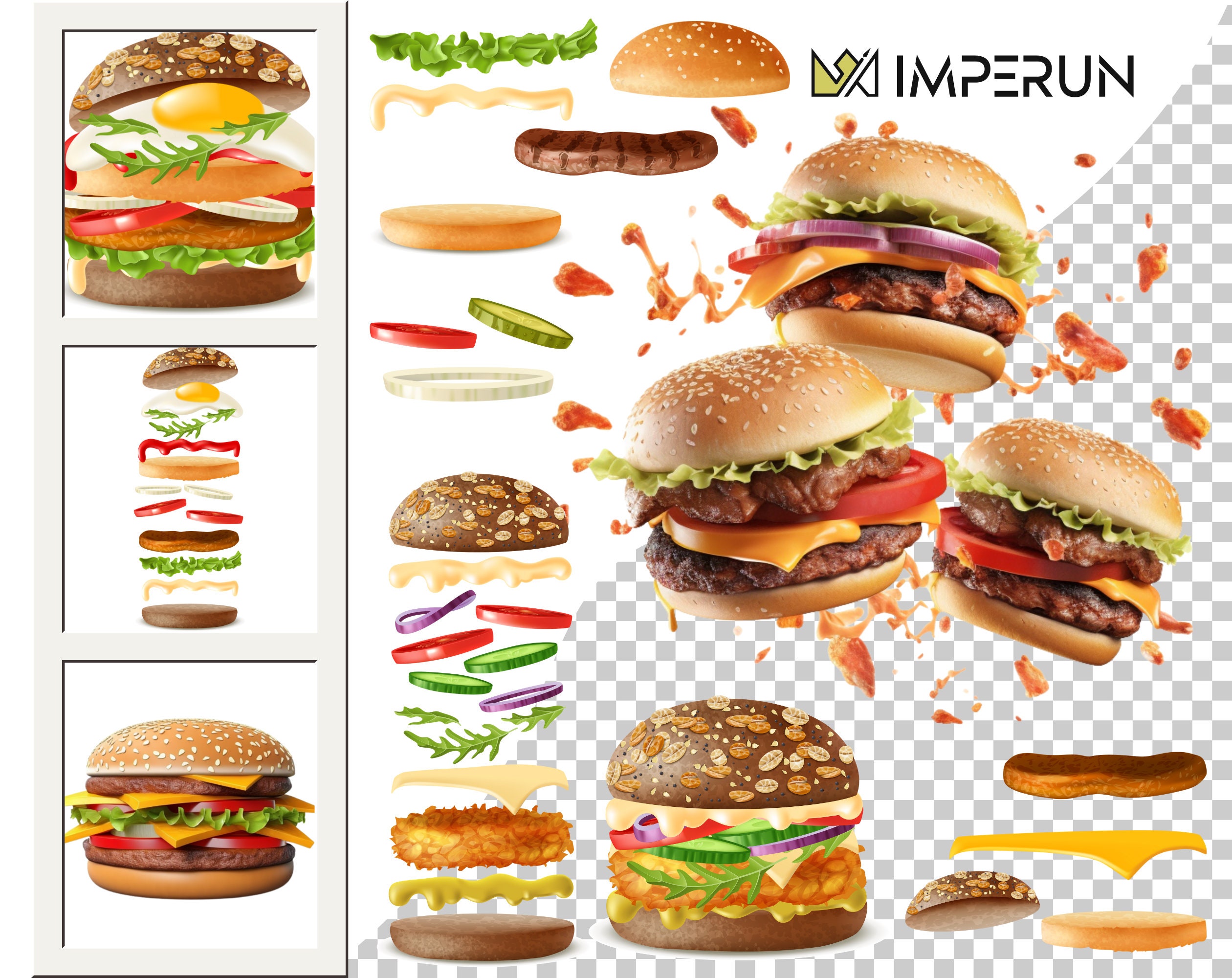 Burger and Ingredient Clipart, 3D Style, Delicious Hamburger, Realistic ...