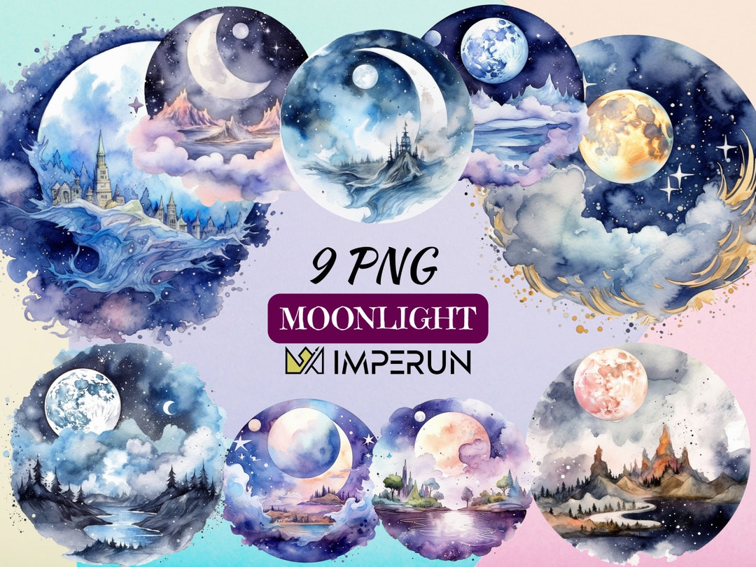 Lunar Landscape Clipart Set – Celestial Watercolor PNG, Moon Phases ...