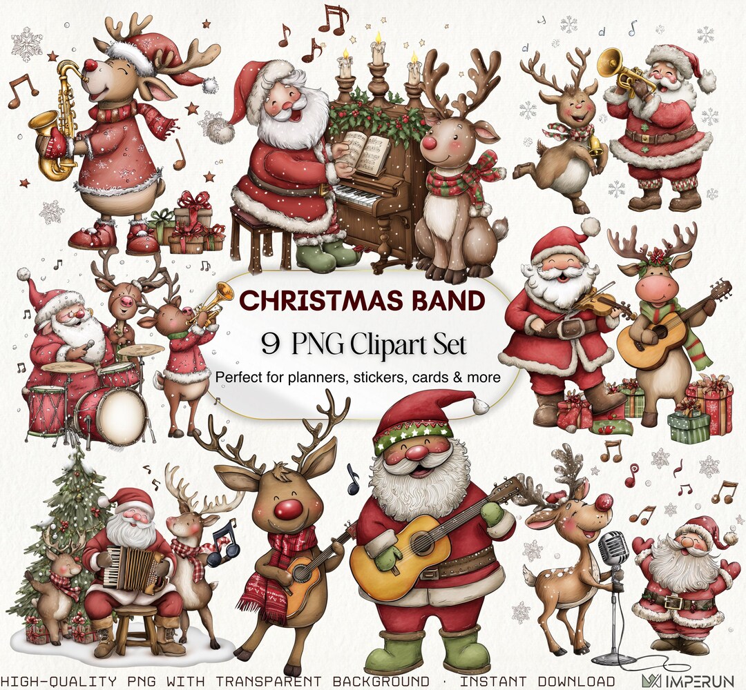 Holiday Music Clipart Set, Santa and Reindeer 9 PNG Bundle for ...