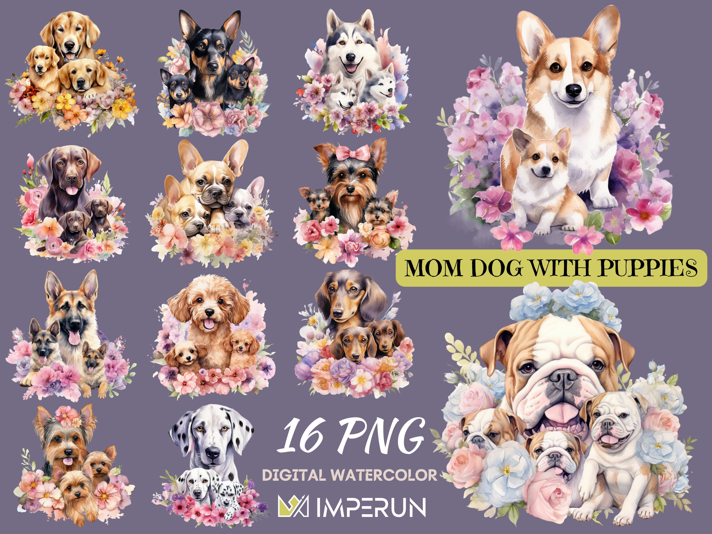 Dog Mom and Puppies, Watercolor Clipart, Beautiful Canine Mothers ...