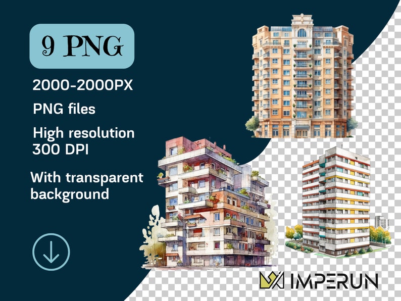 Watercolor Building Blocks of Flats Clipart Set 6 PNG Images - Etsy