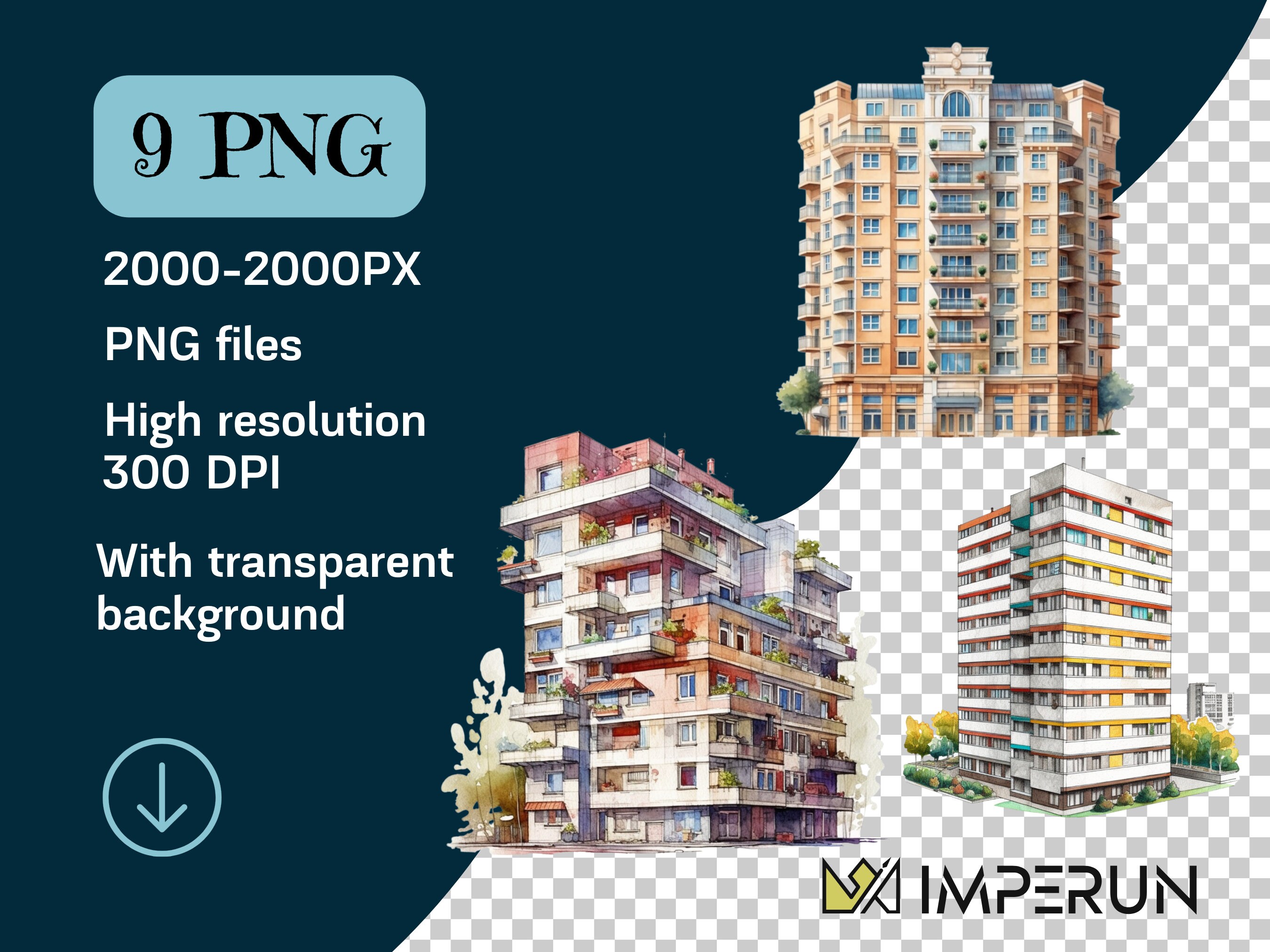 Watercolor Building Blocks of Flats Clipart Set 6 PNG Images - Etsy