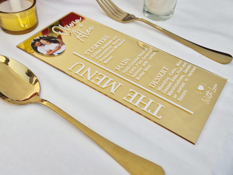 Custom Acrylic Wedding Menu Card: UV Printed, Gold or Silver - Etsy