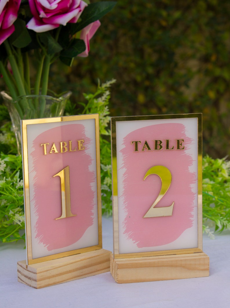 Acrylic Wedding Table Numbers: Gold Font, Wood Stand - Etsy