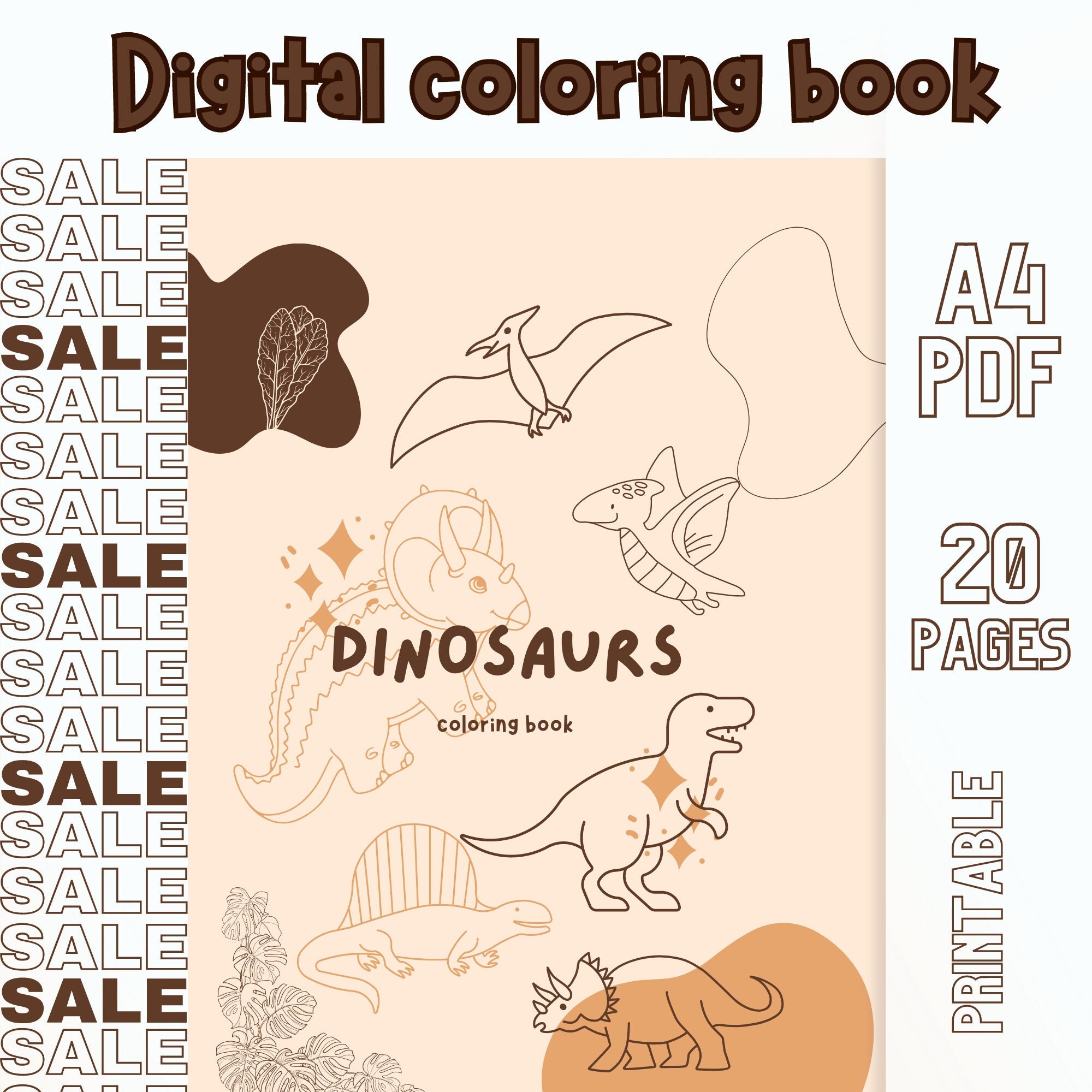 DIGITAL Printable COLORING BOOK With Dinosaurs 20 Pages / for Children ...