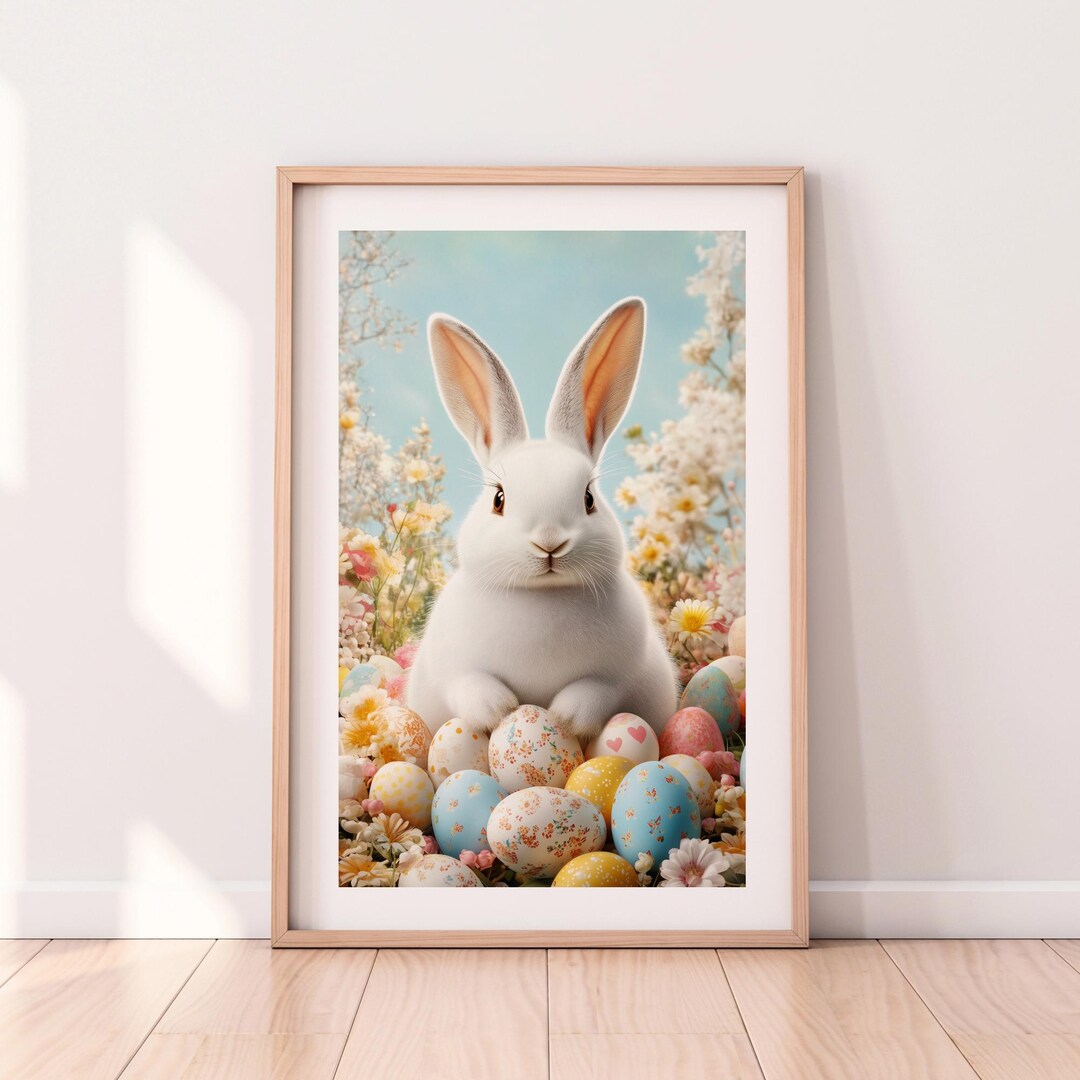 Easter Bunny Wall Art - Cute White Rabbit With Colorful Easter Eggs ...