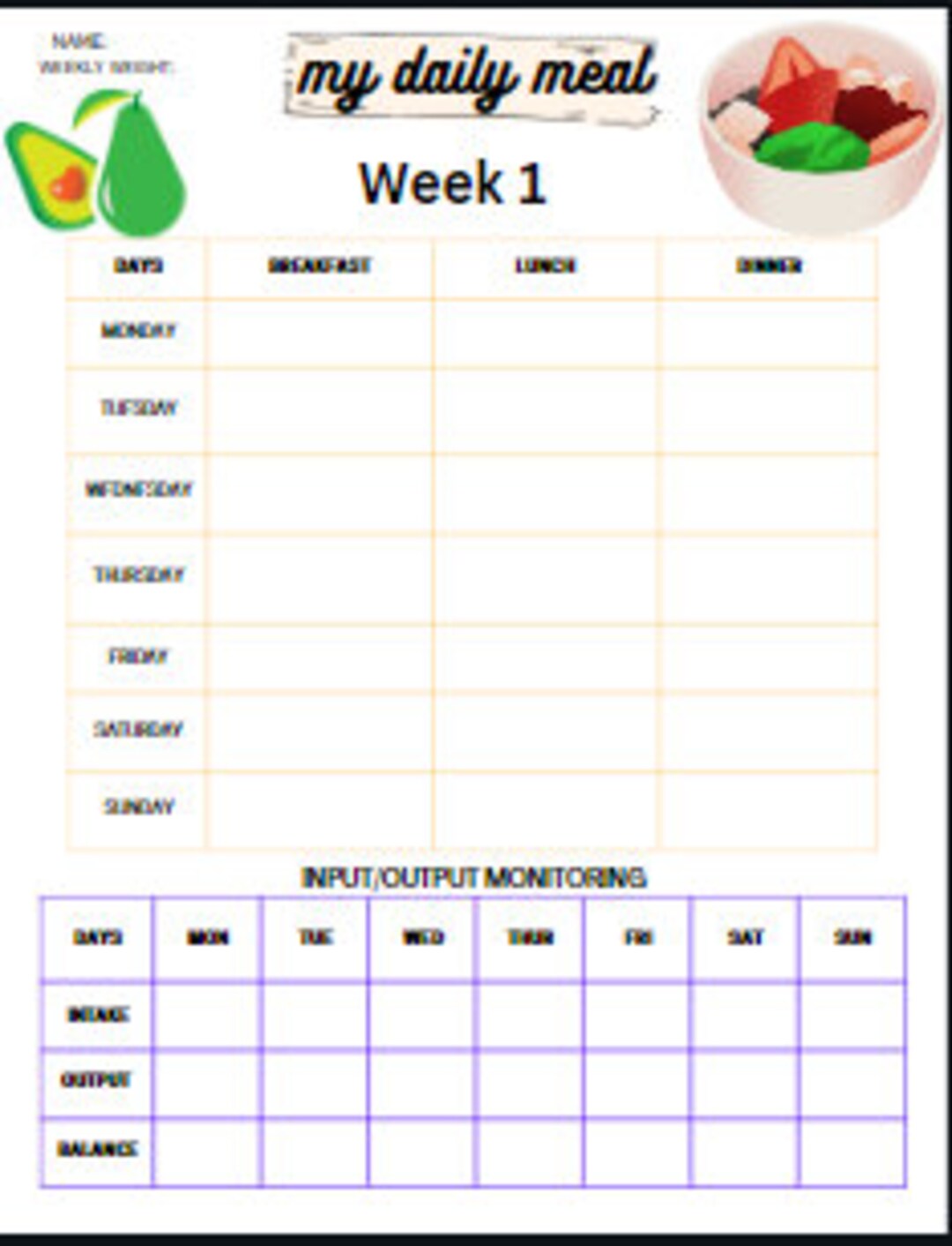 Weekly Meal Plan With Input Output Monitoring (home Parenteral ...