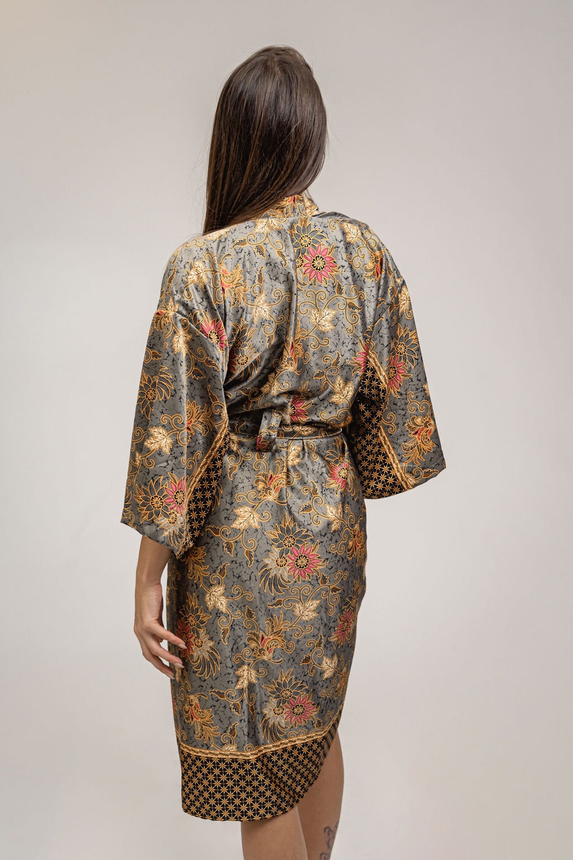 Silver Grey Silk Kimono Robe, Floral Long Boho Clothing, Sexy Gifts ...