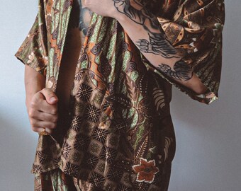 Mens Black Gold Floral Silk Kimono Robe Boxer Shorts Set, Jacket Shirt ...