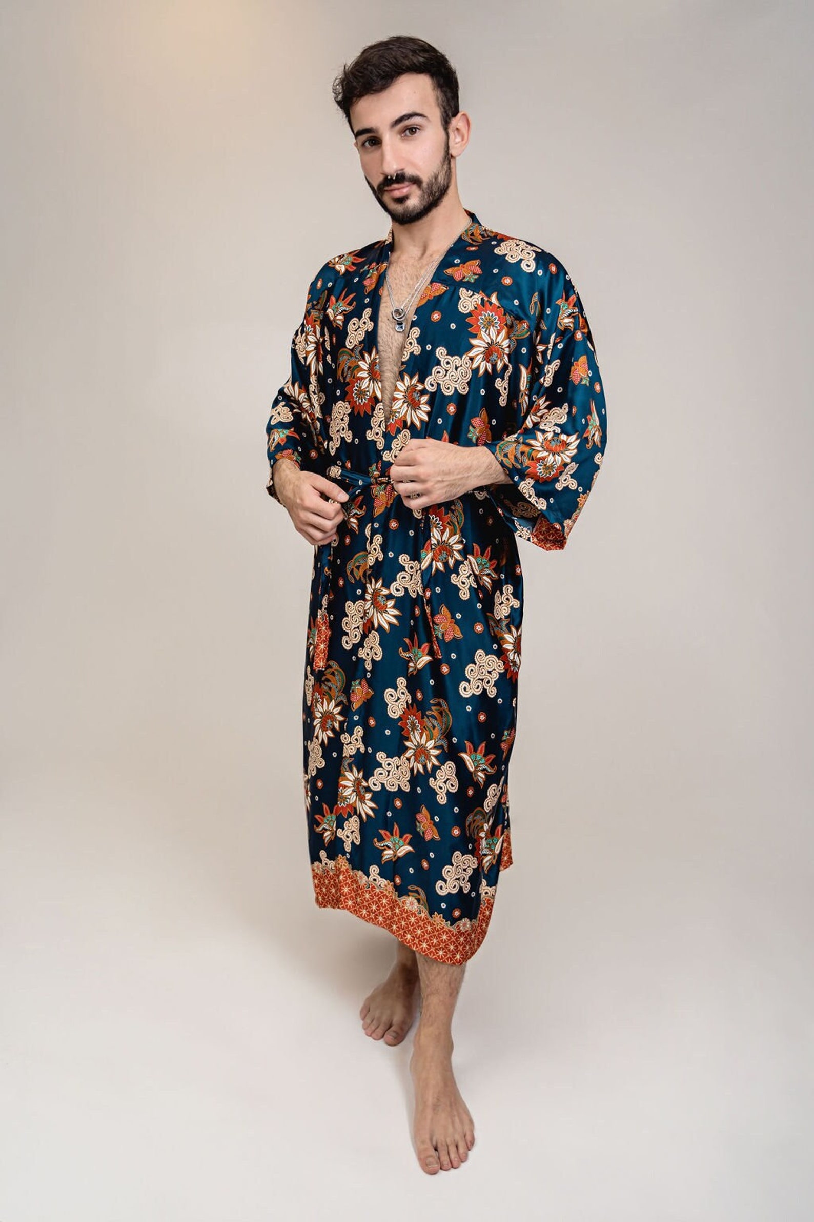 Mens Navy Blue Orange Floral Silk Long Kimono Honeymoon Robe, Boheme ...